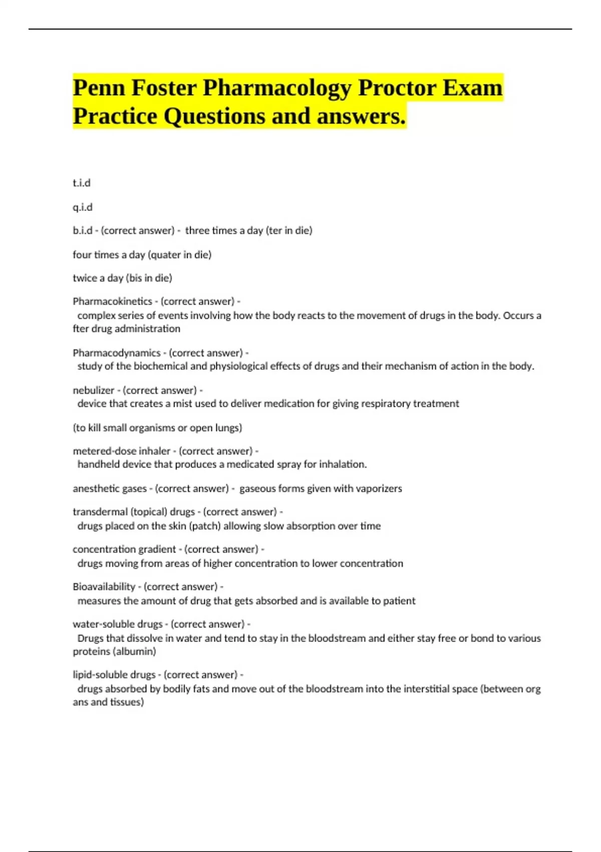 Penn Foster Pharmacology Proctor Exam Practice Questions and answers ...