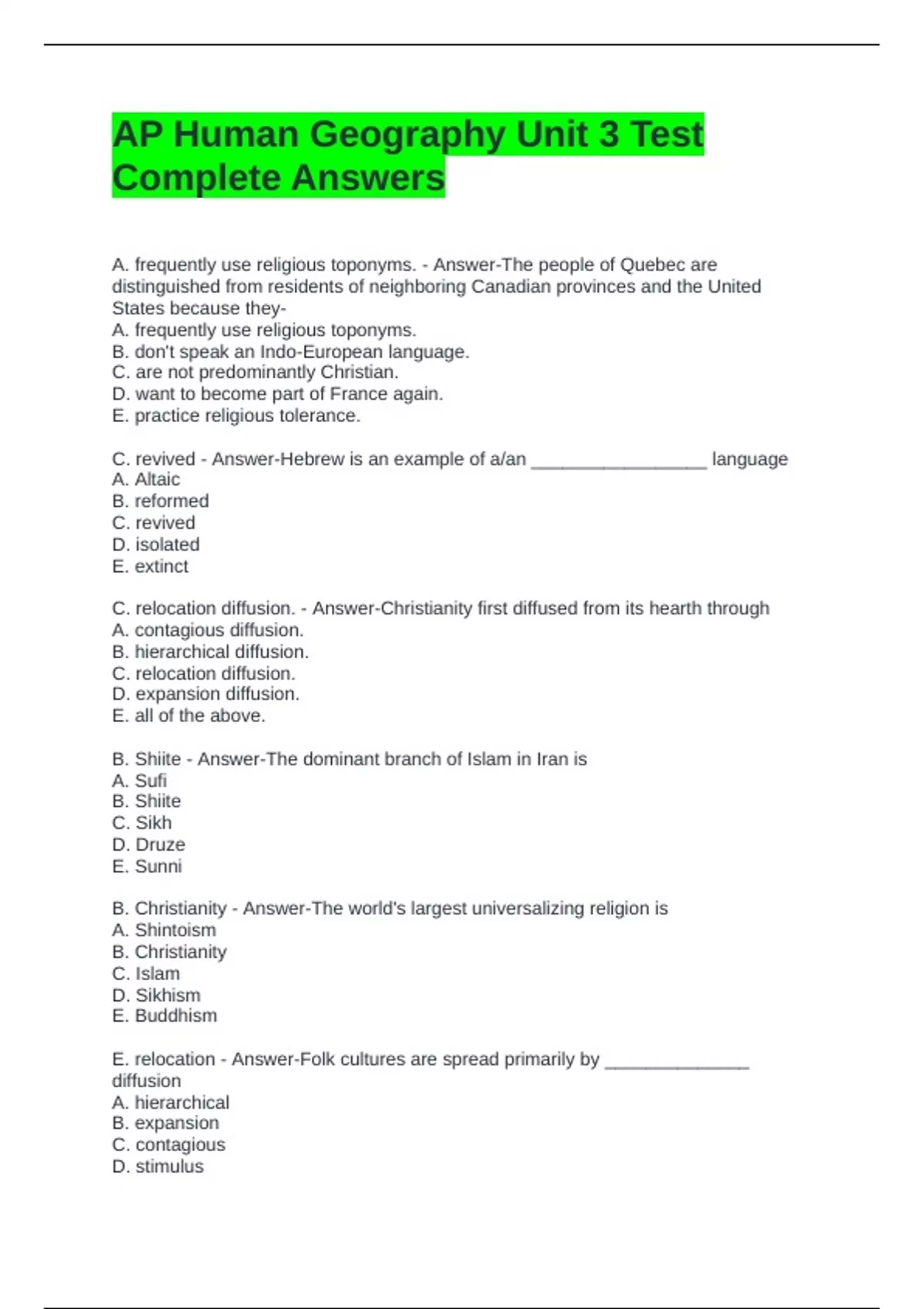 AP Human Geography Unit 3 Test Complete Answers - Human Geography ...