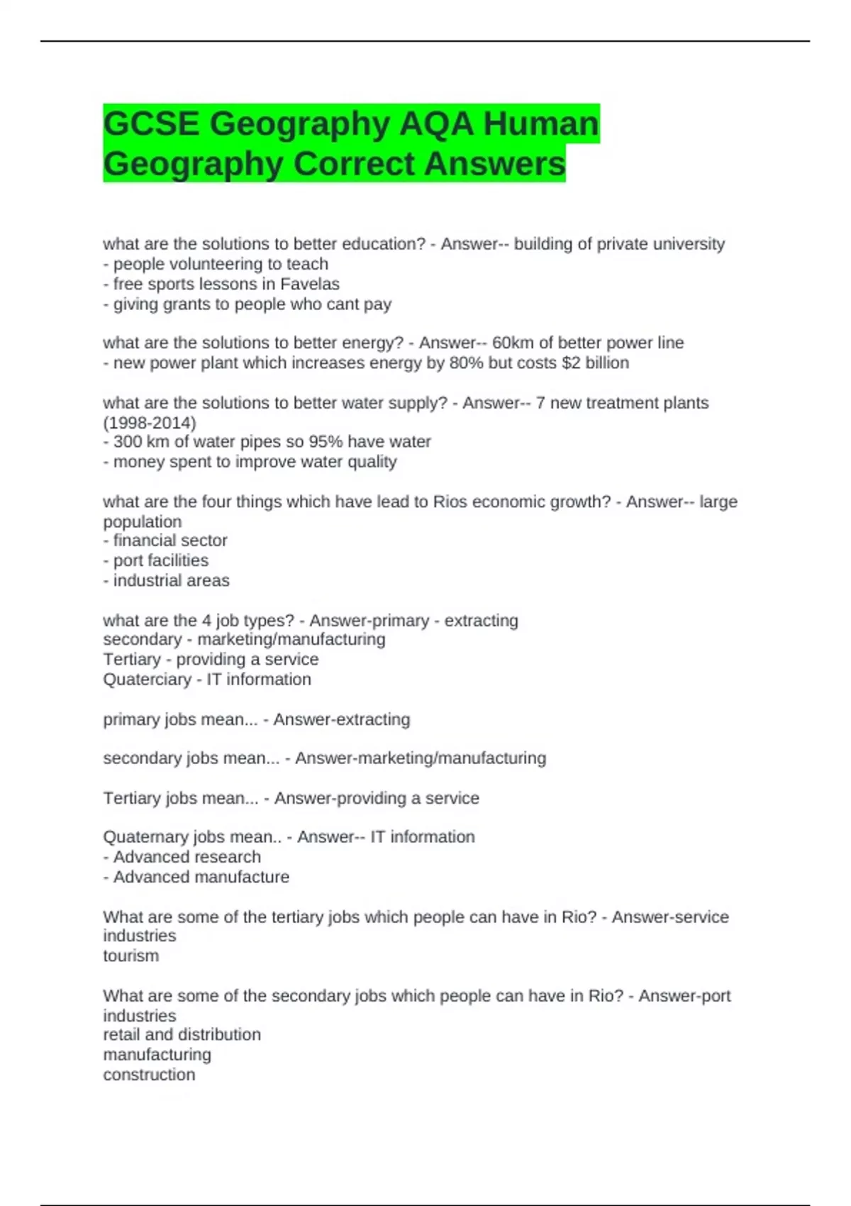 GCSE Geography AQA Human Geography Correct Answers - Human Geography ...