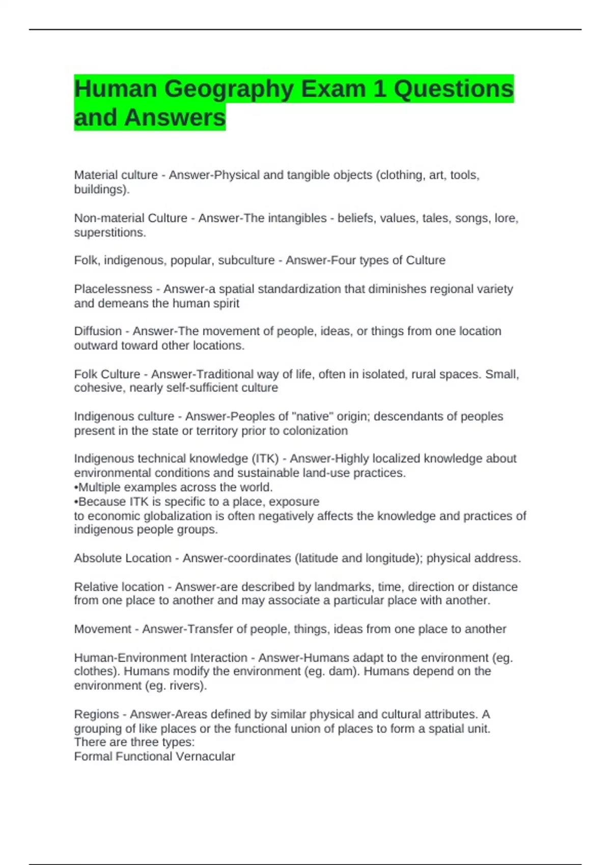 Human Geography Exam 1 Questions and Answers - Human Geography - Stuvia US