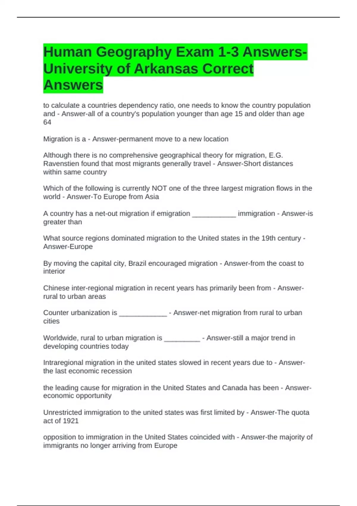Human Geography Exam 1-3 Answers- University of Arkansas Correct ...
