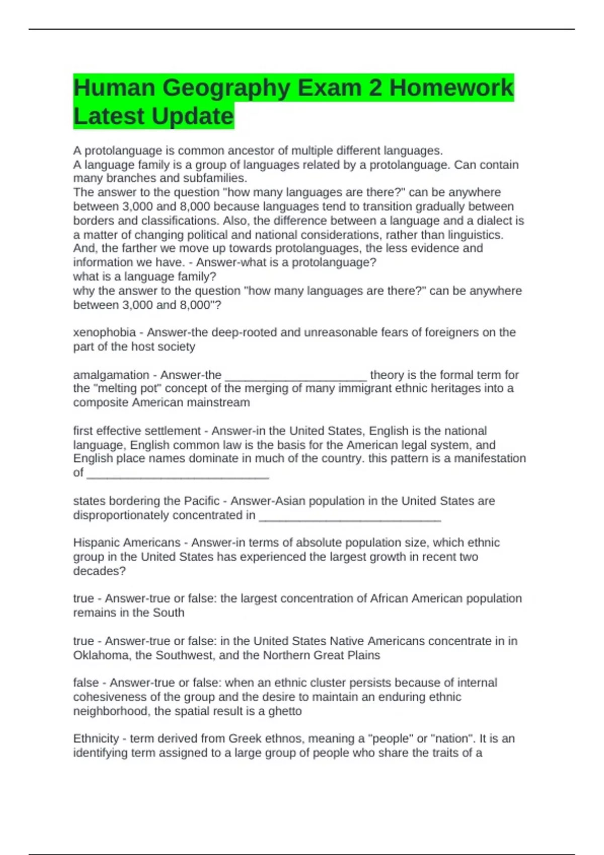 Human Geography Exam 2 Homework Latest Update - Human Geography - Stuvia US