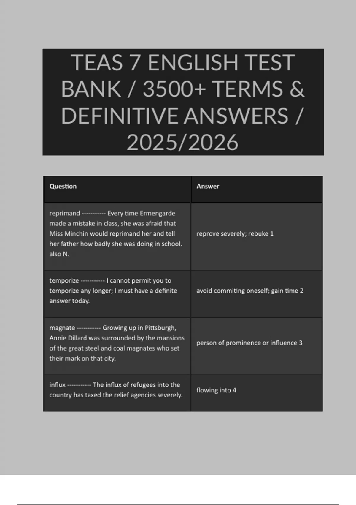 TEAS 7 ENGLISH TEST BANK / 3500+ TERMS & DEFINITIVE ANSWERS / 2025/2026 ...