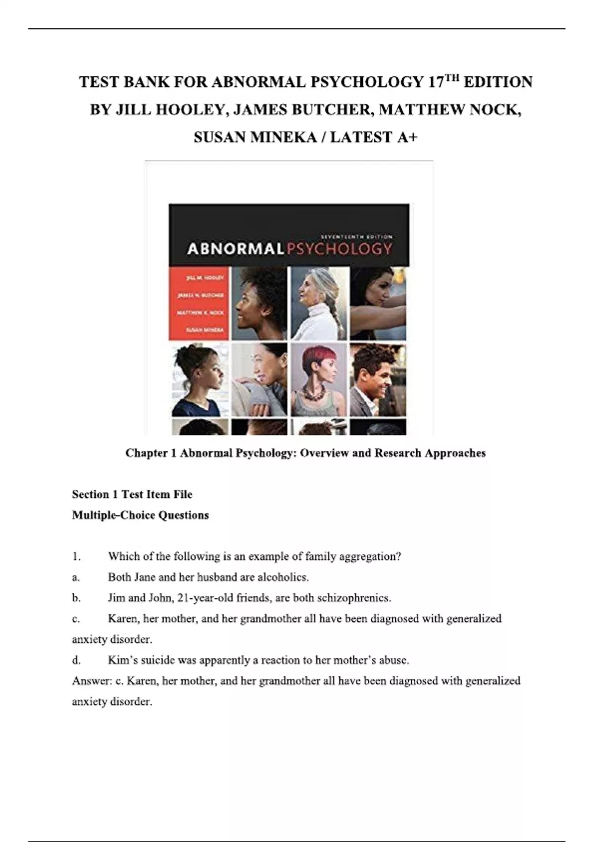 Test Bank for Abnormal Psychology, 17th Edition by Jill Hooley, James ...