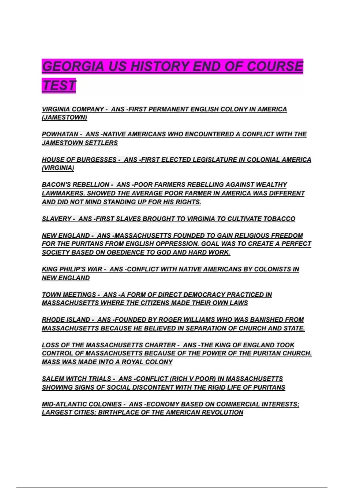 GEORGIA US HISTORY END OF COURSE TEST QUESTIONS AND ANSWERS 2025/2026 ...