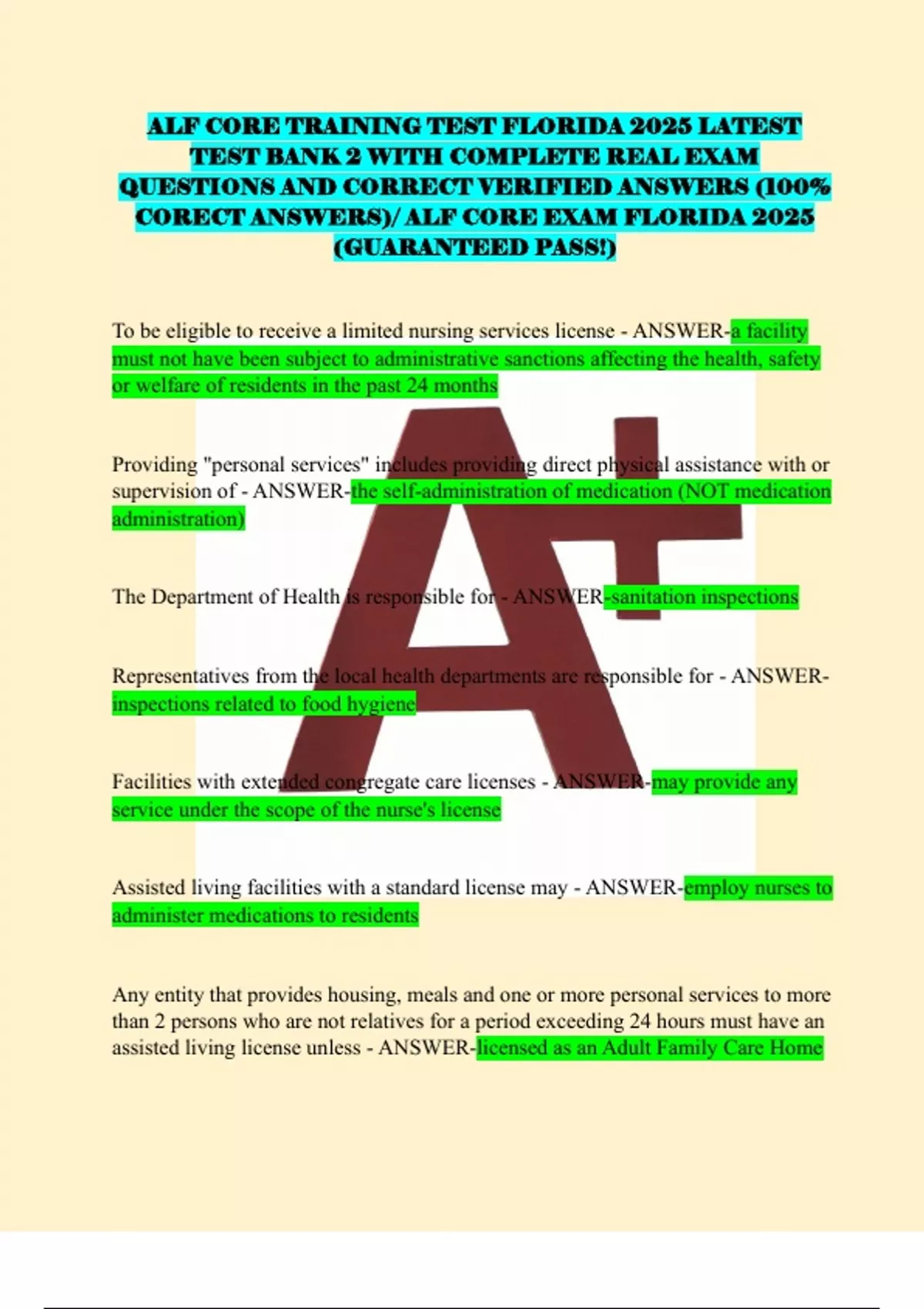 ALF CORE TRAINING TEST FLORIDA 2025 LATEST TEST BANK 2 WITH COMPLETE ...