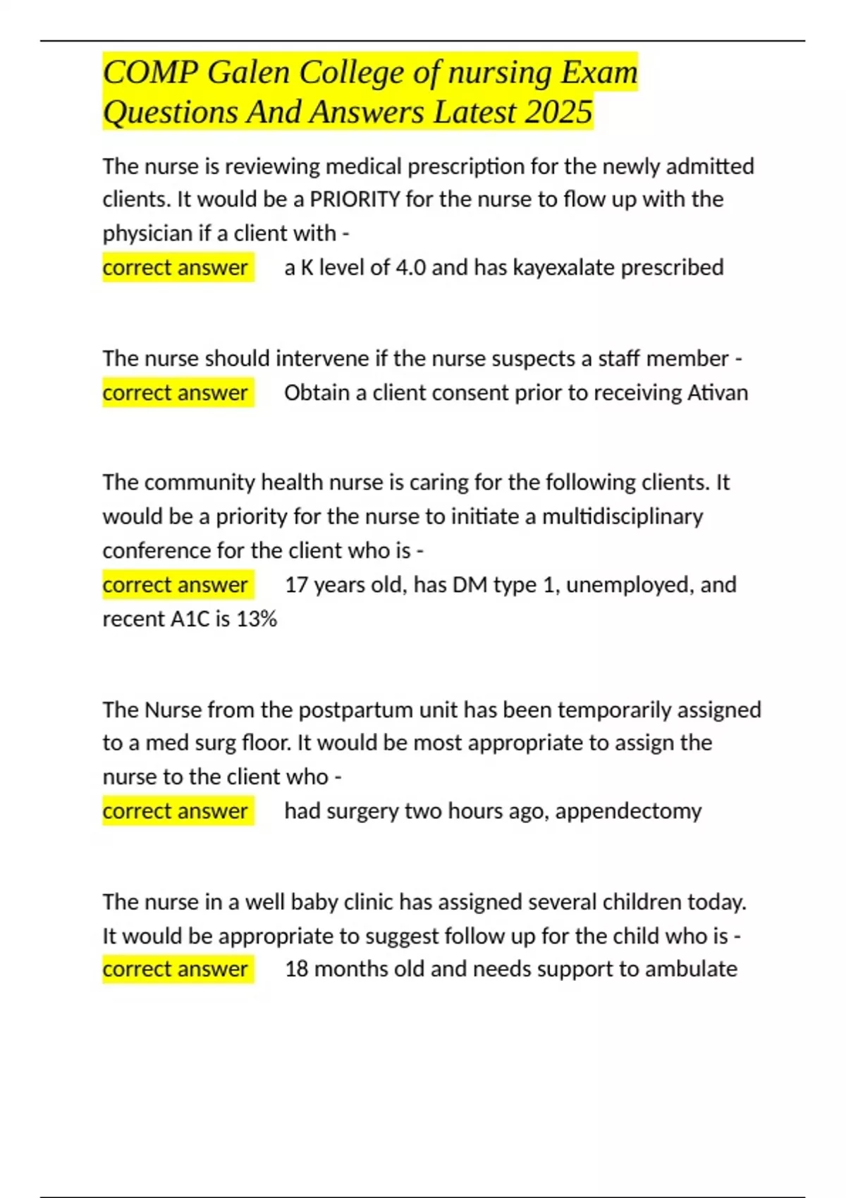 COMP Galen College of nursing Exam Questions And Answers Latest 2025 ...