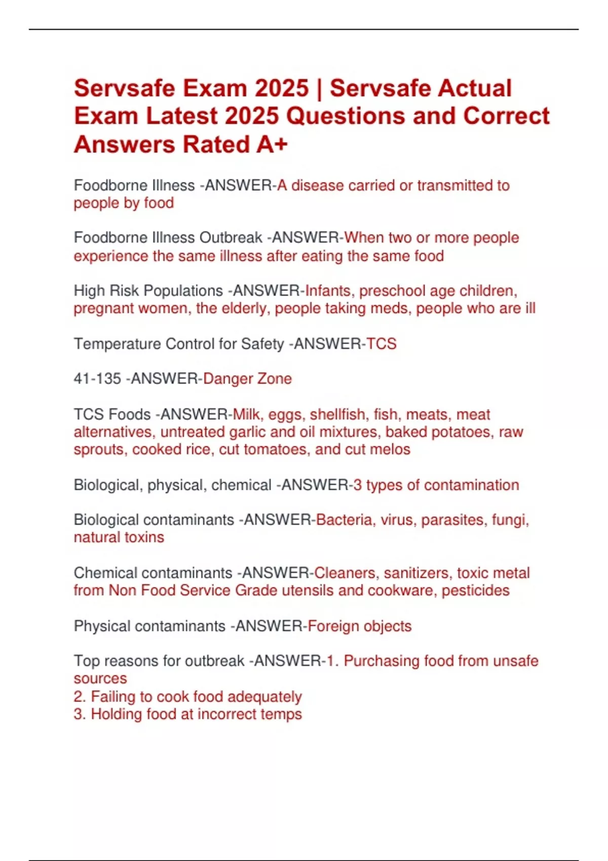 Servsafe Exam 2025 | Servsafe Actual Exam Latest 2025 Questions and ...