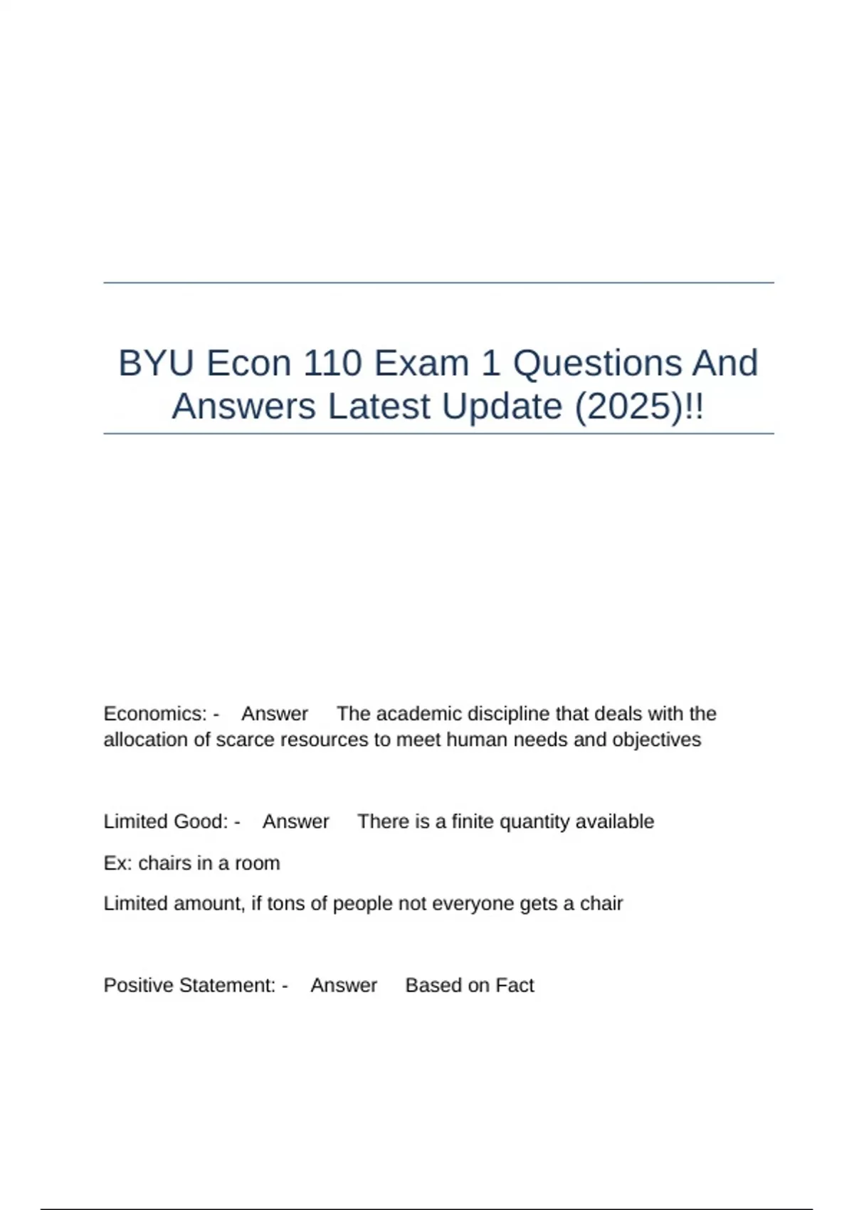BYU Econ 110 Exam 1 Questions And Answers Latest Update (2025)!! - ECON ...