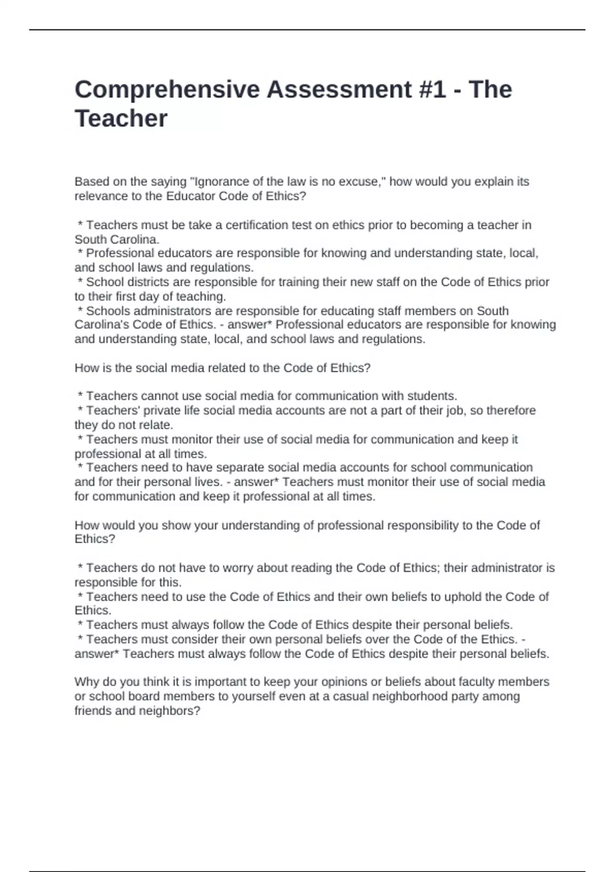 Comprehensive Assessment -1 - The Teacher Questions and Answers 100% ...