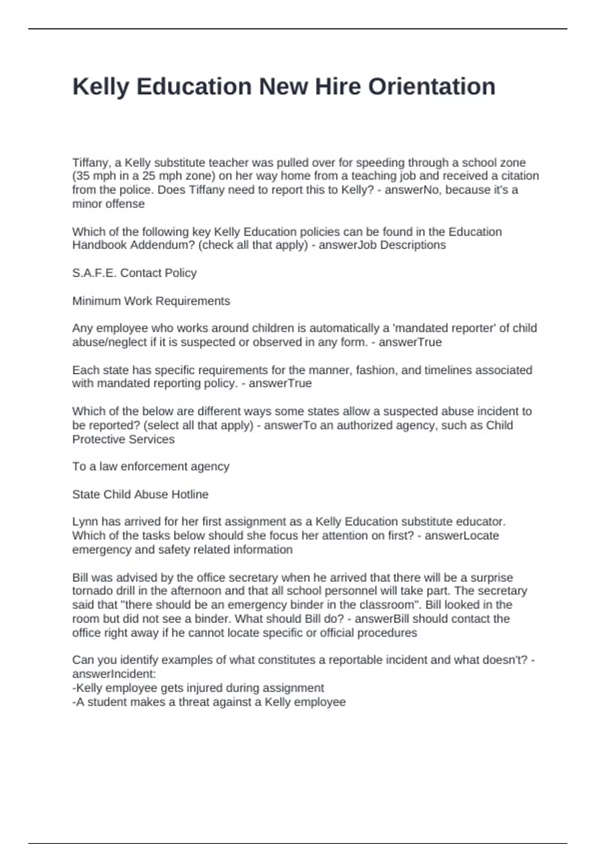Kelly Education New Hire Orientation Questions and Answers 100% Solved ...