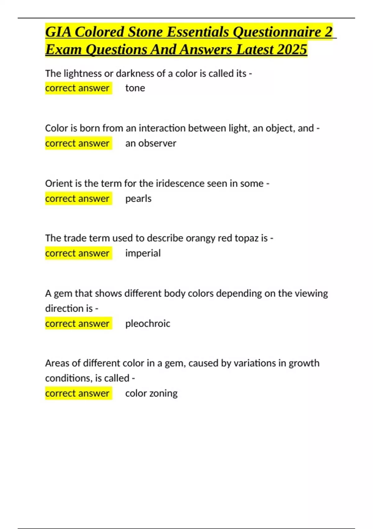 GIA Colored Stone Essentials Questionnaire 2 Exam Questions And Answers ...