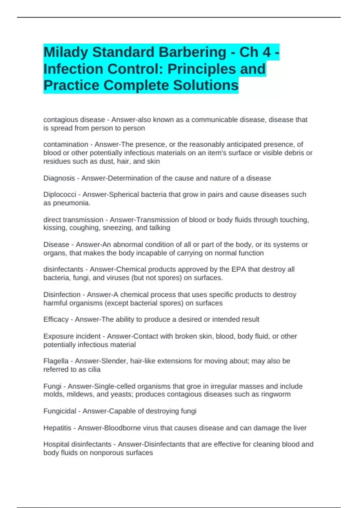 Milady Standard Barbering - Ch 4 - Infection Control: Principles and ...