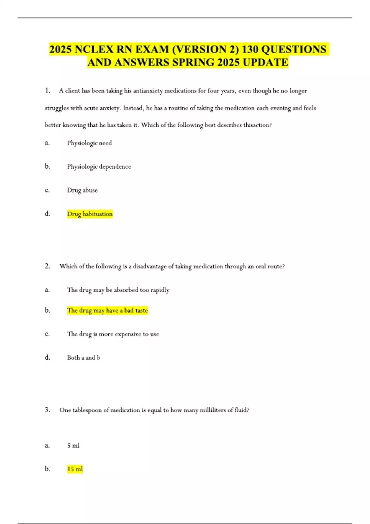 2025 NCLEX RN EXAM (VERSION 2) 130 QUESTIONS AND ANSWERS SPRING 2025 ...