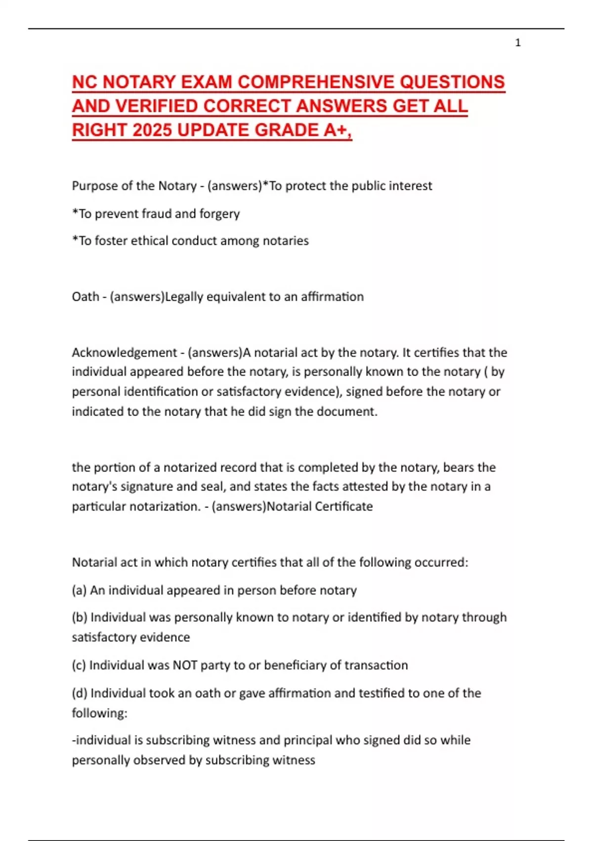 NC NOTARY EXAM COMPREHENSIVE QUESTIONS AND VERIFIED CORRECT ANSWERS GET ...