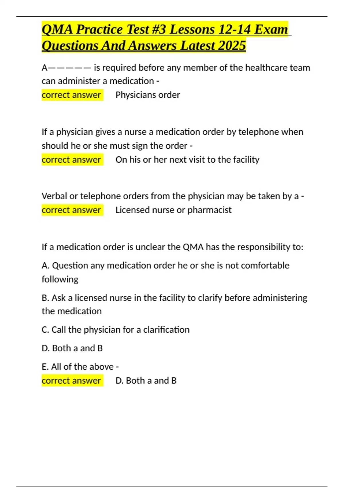 QMA Practice Test -3 Lessons 12-14 Exam Questions And Answers Latest ...