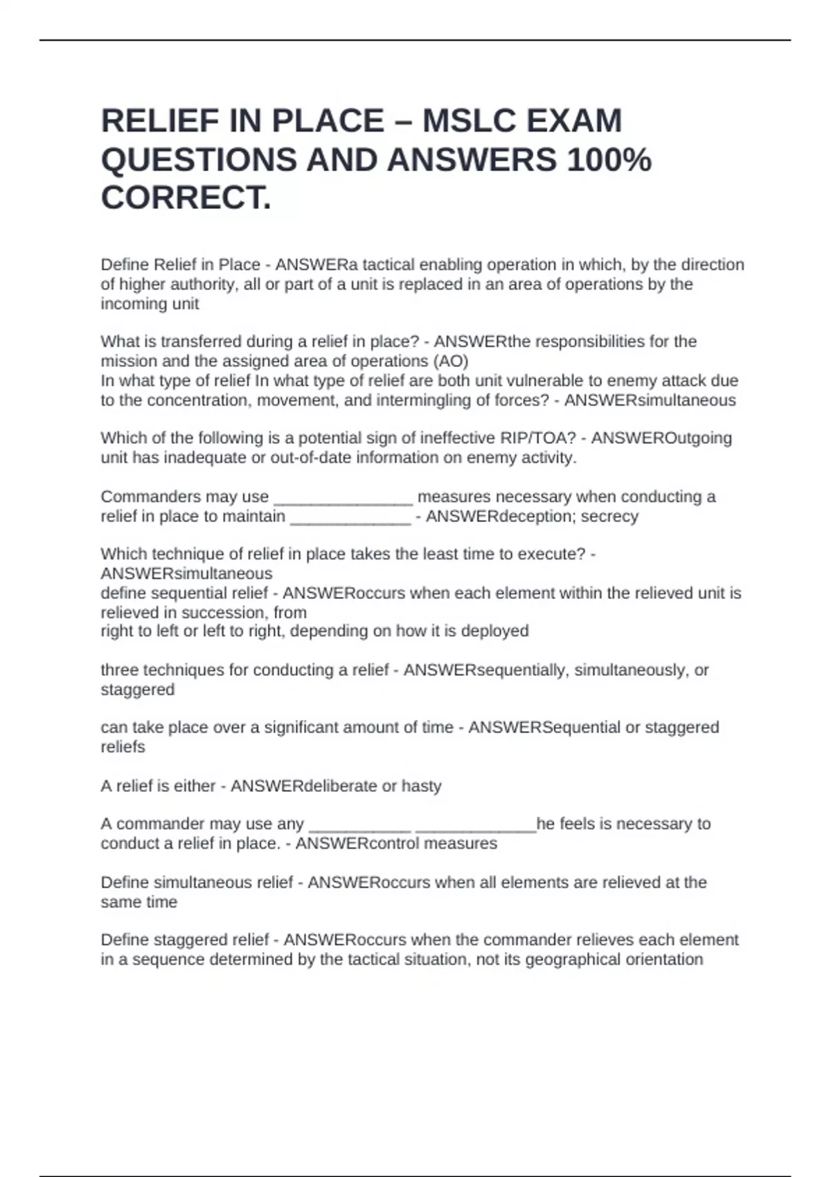 RELIEF IN PLACE – MSLC EXAM QUESTIONS AND ANSWERS 100% CORRECT ...