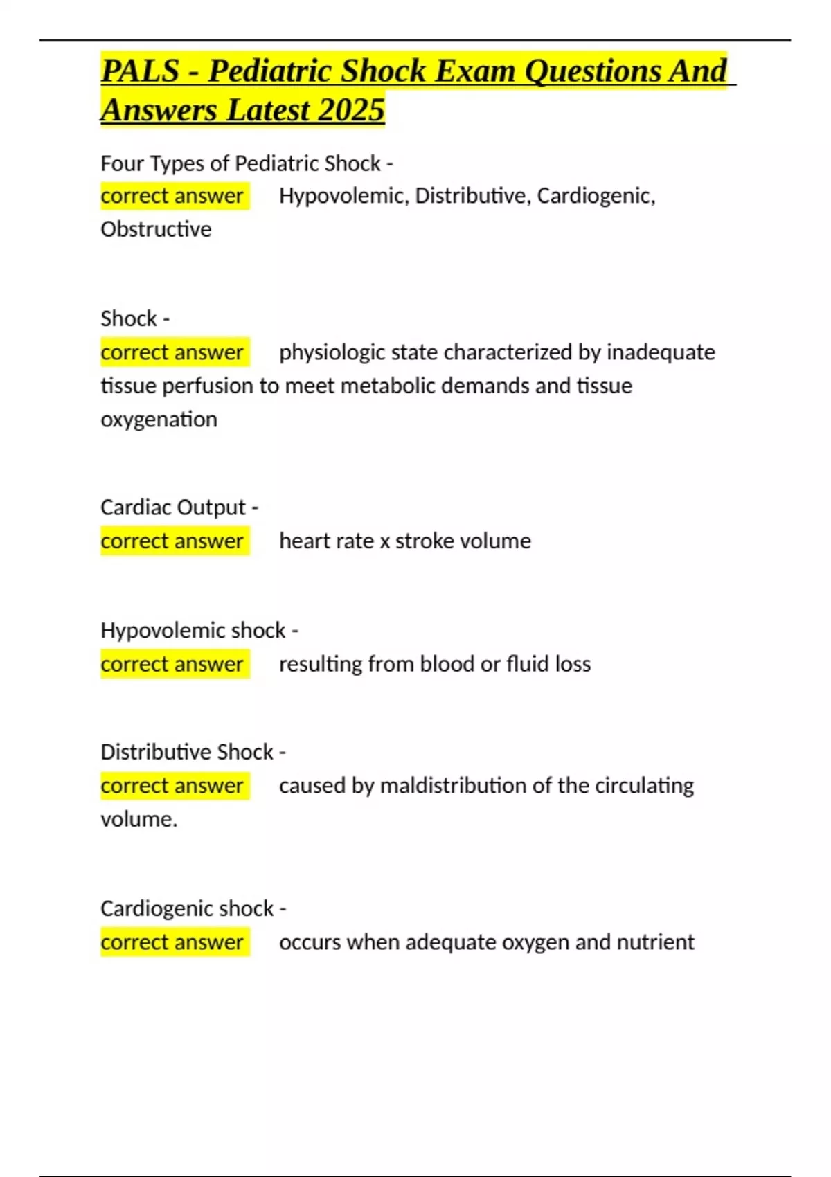 PALS - Pediatric Shock Exam Questions And Answers Latest 2025.docx ...