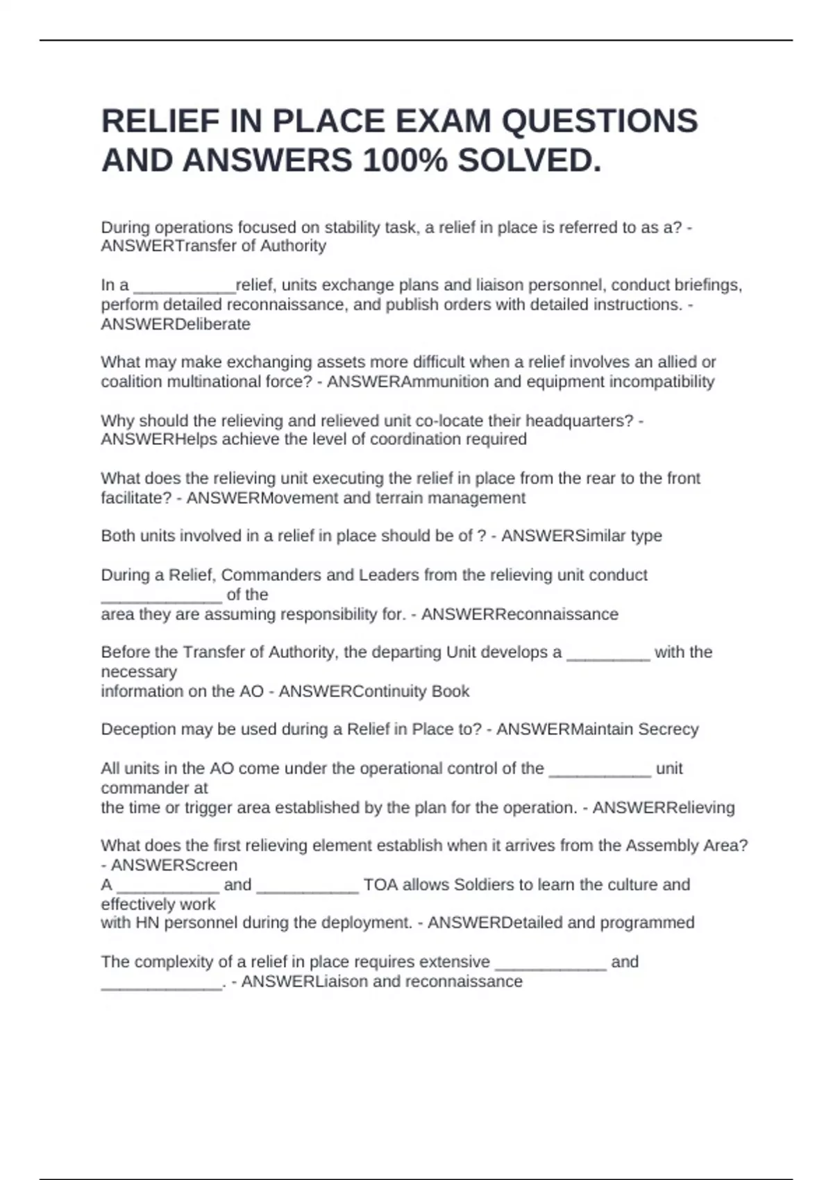 RELIEF IN PLACE EXAM QUESTIONS AND ANSWERS 100% SOLVED. - Relief in ...