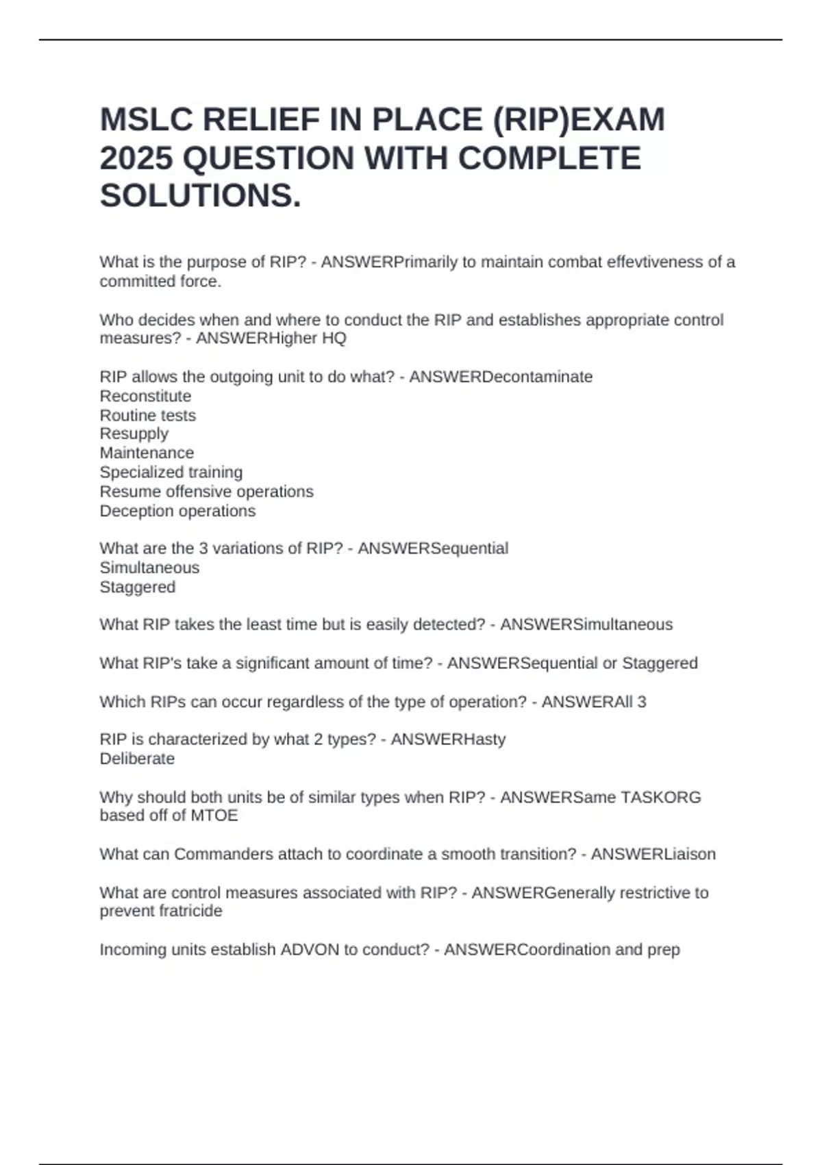 MSLC RELIEF IN PLACE (RIP)EXAM 2025 QUESTION WITH COMPLETE SOLUTIONS ...