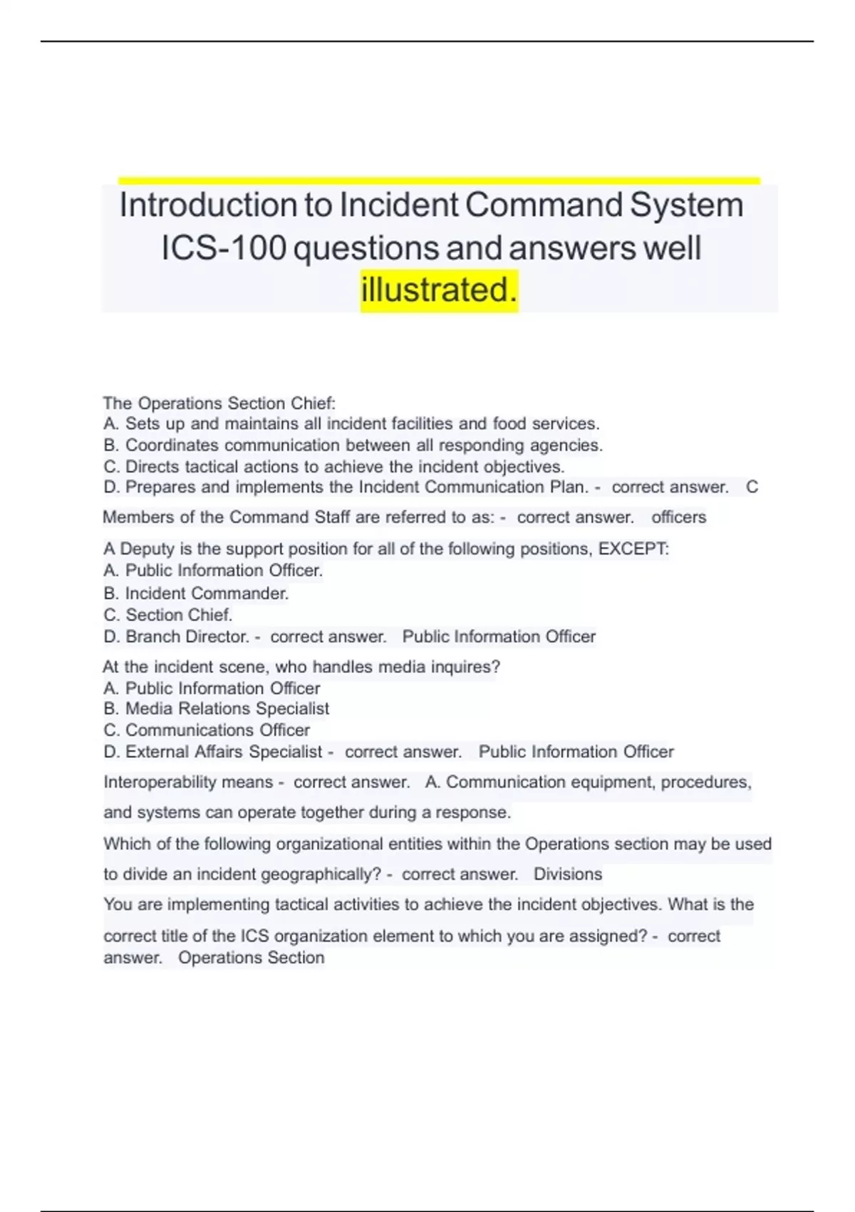 Introduction to Incident Command System ICS-100 questions and answers ...