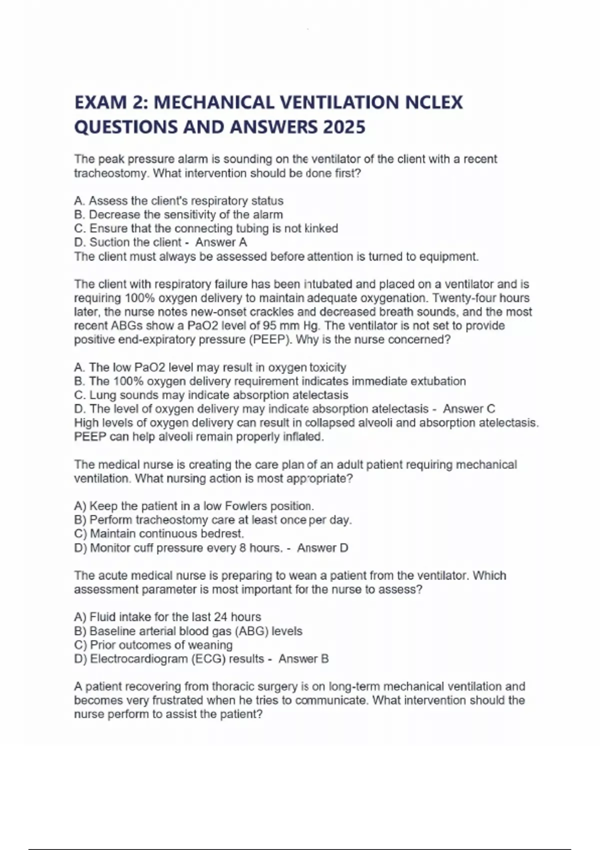 Exam 2: Mechanical Ventilation NCLEX Questions and Answers 2025 ...