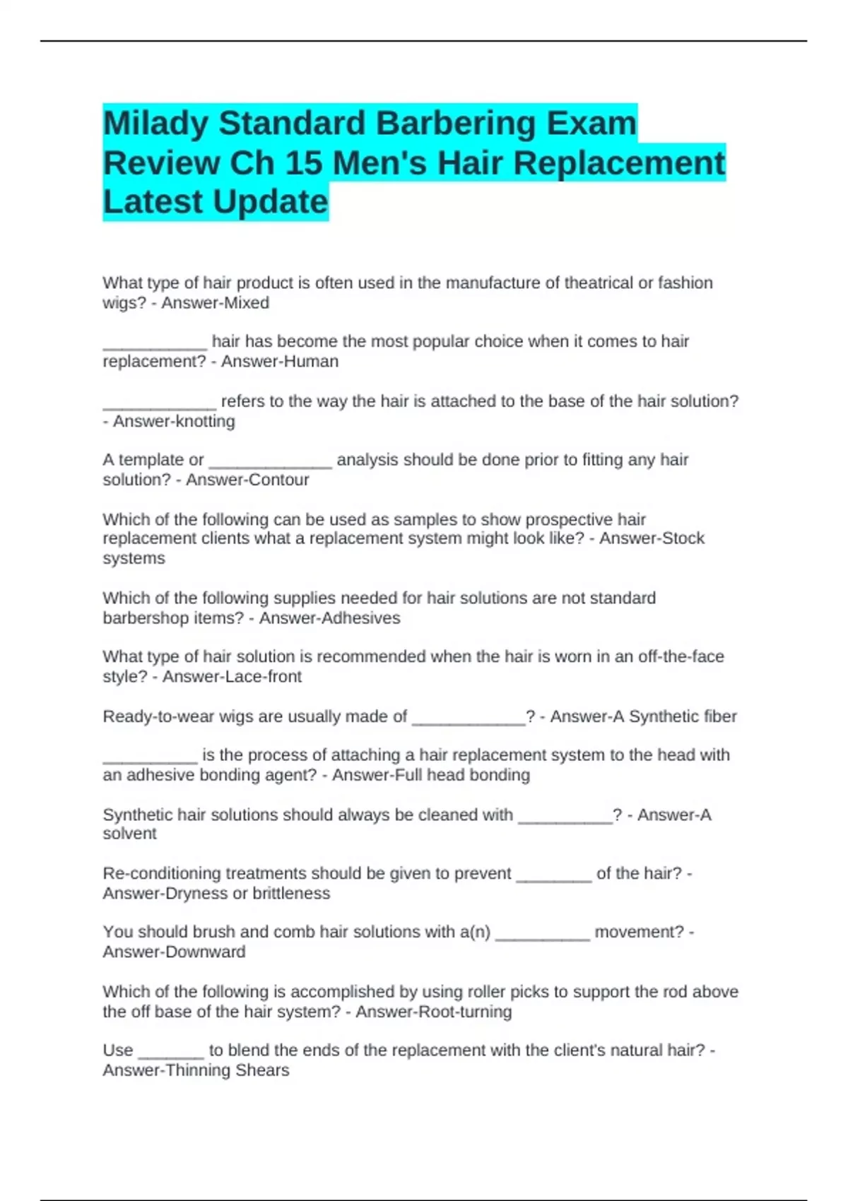 Milady Standard Barbering Exam Review Ch 15 Men's Hair Replacement ...