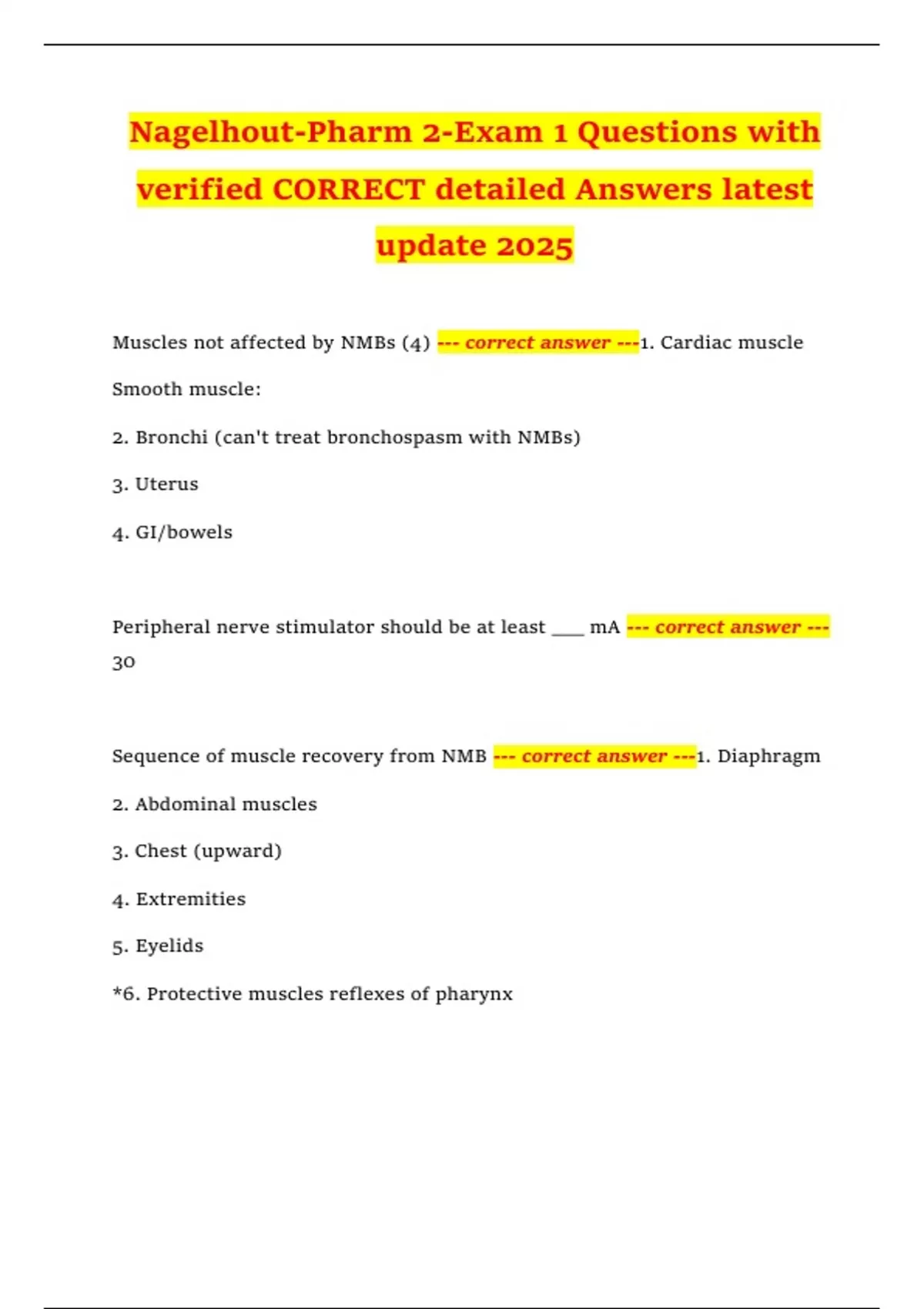 Nagelhout-Pharm 2-Exam 1 Questions with verified CORRECT detailed ...