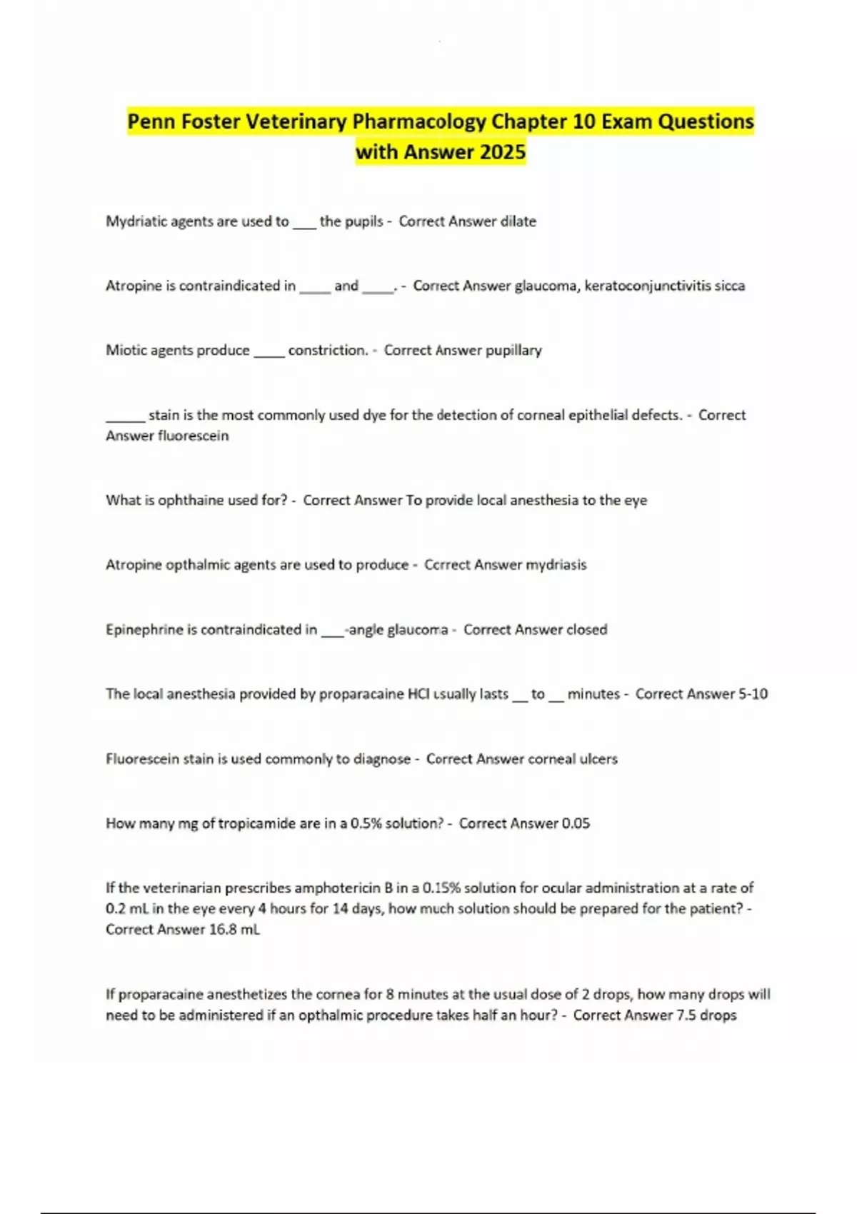 Penn Foster Veterinary Pharmacology Chapter 10 Exam Questions with ...