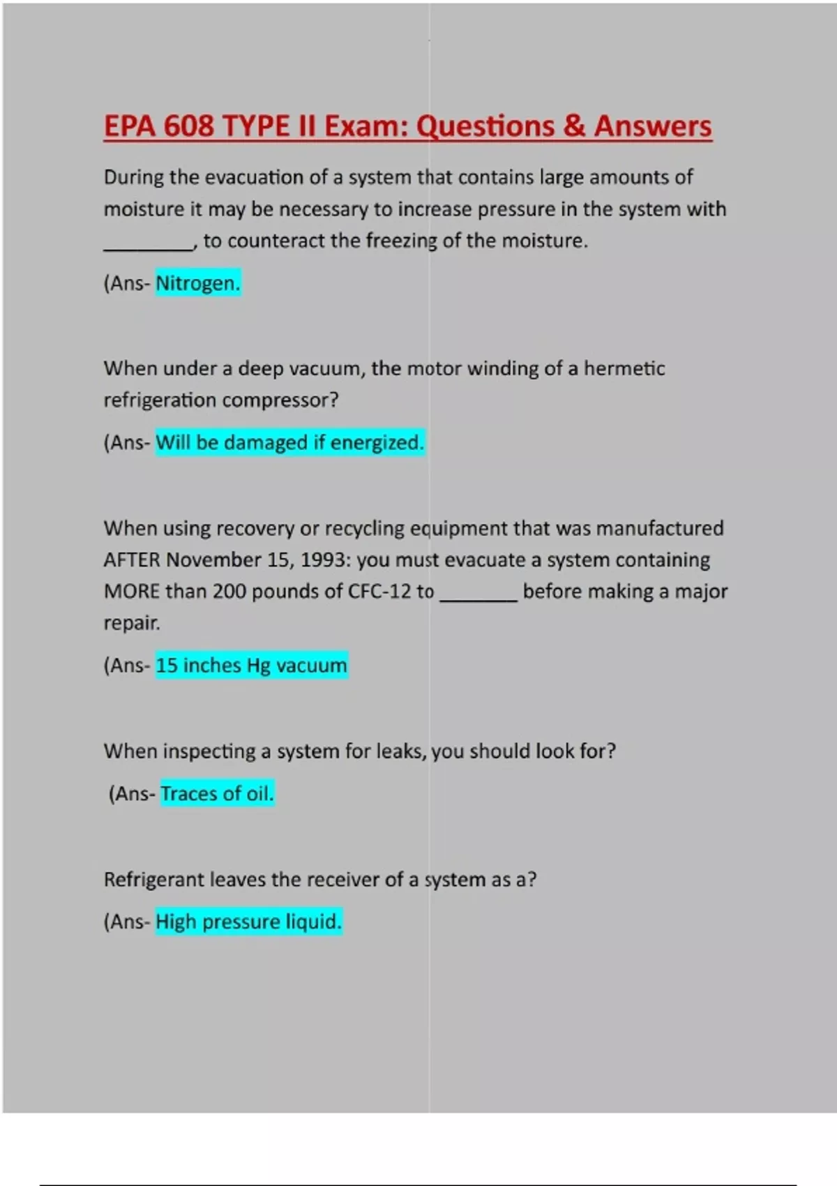 Type 2)EPA 608 Type II Exam: Questions & Answers: Latest Updated A+ ...