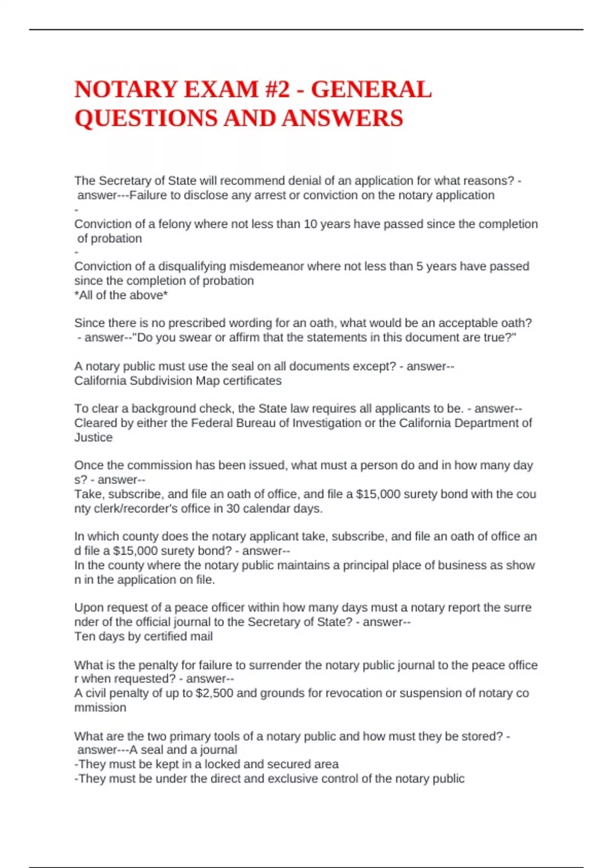 NOTARY EXAM #2 - GENERAL QUESTIONS AND ANSWERS - CALIFORNIA NOTARY ...