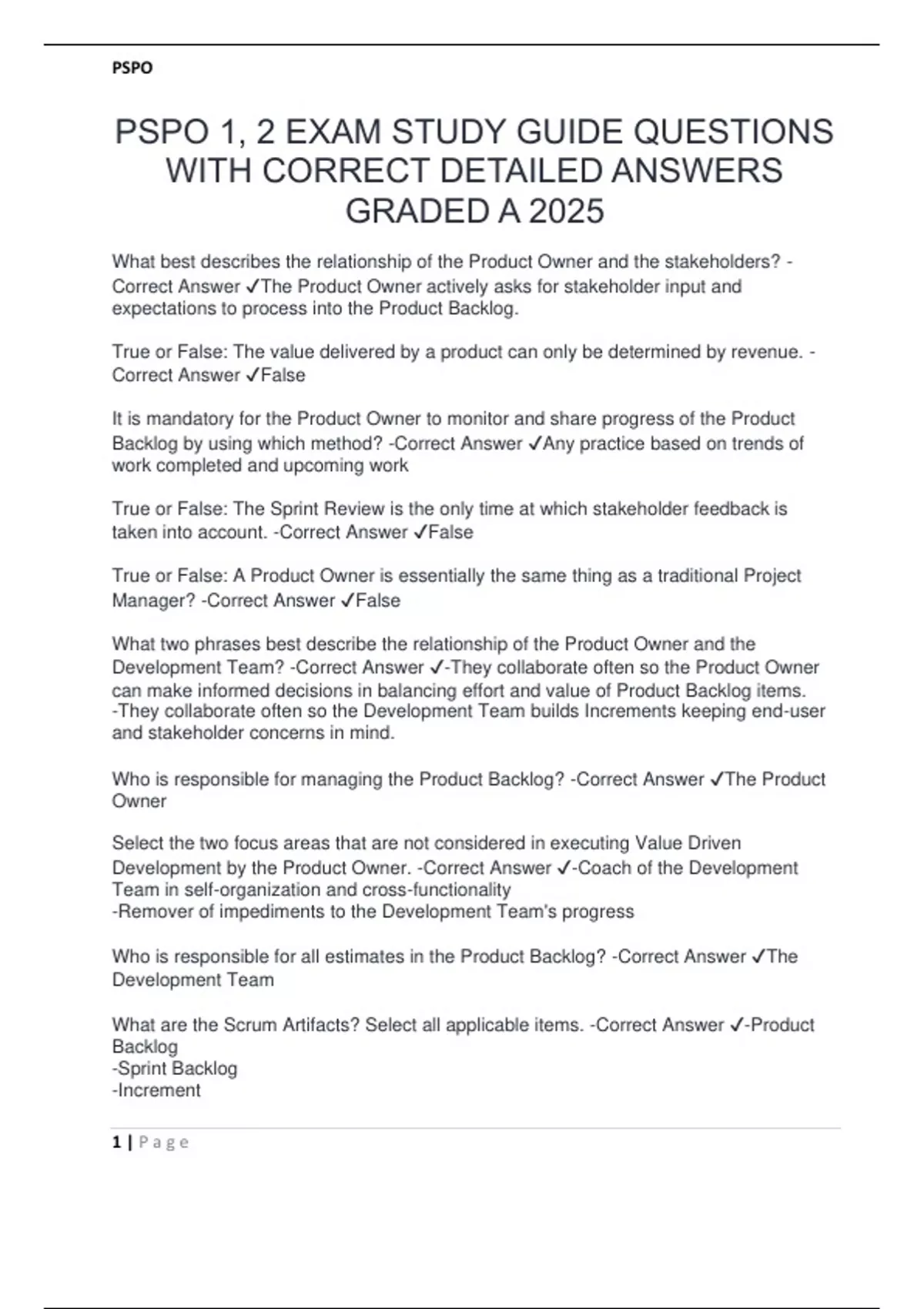 PSPO 1, 2 EXAM STUDY GUIDE QUESTIONS WITH CORRECT DETAILED ANSWERS GRADED A 2025 - PSPO 1, 2 ...
