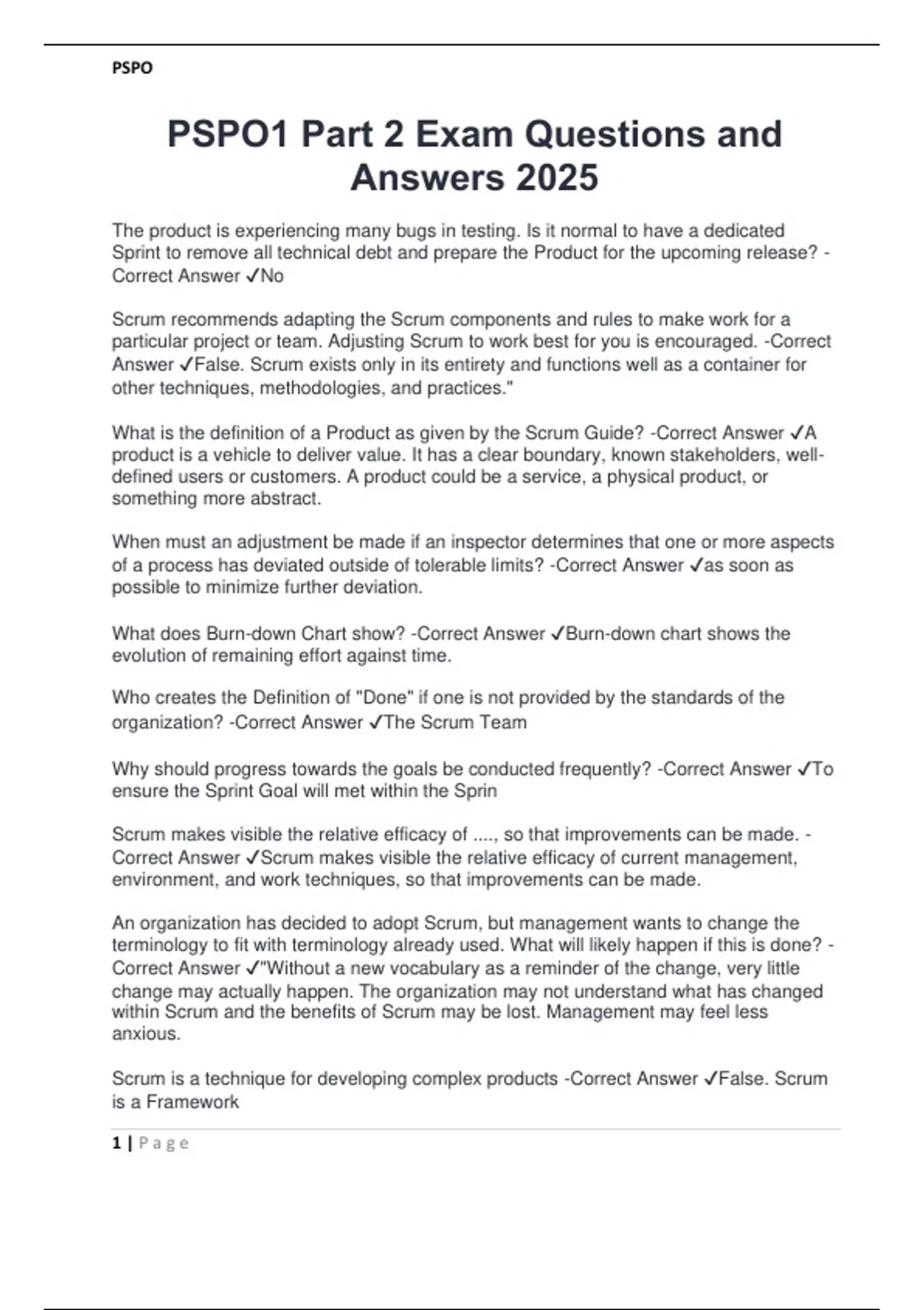 PSPO1 Part 2 Exam Questions and Answers 2025 - PSPO1 - Stuvia US