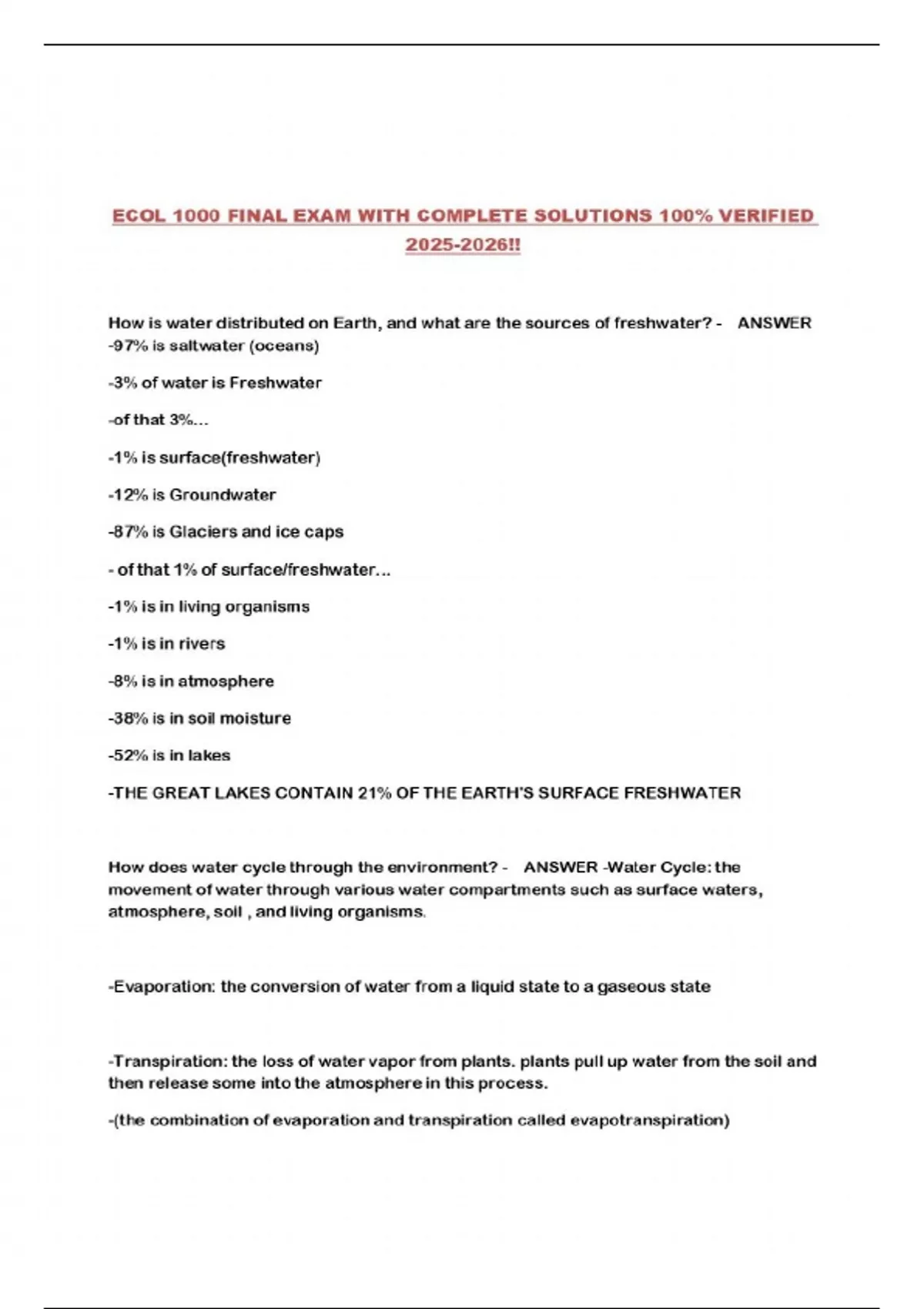 ECOL 1000 FINAL EXAM WITH COMPLETE SOLUTIONS 100% VERIFIED !! - ECOL ...