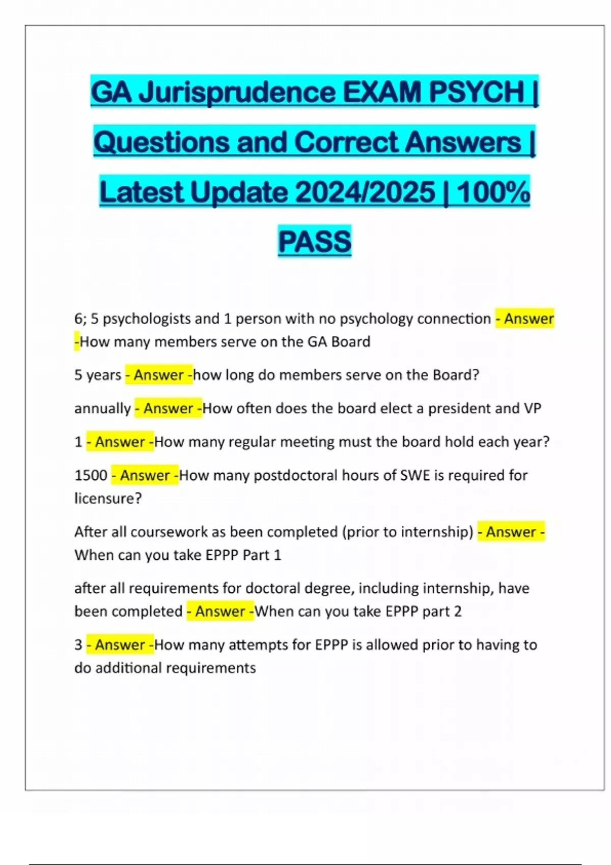 GA Jurisprudence EXAM PSYCH | Questions and Correct Answers | Latest ...