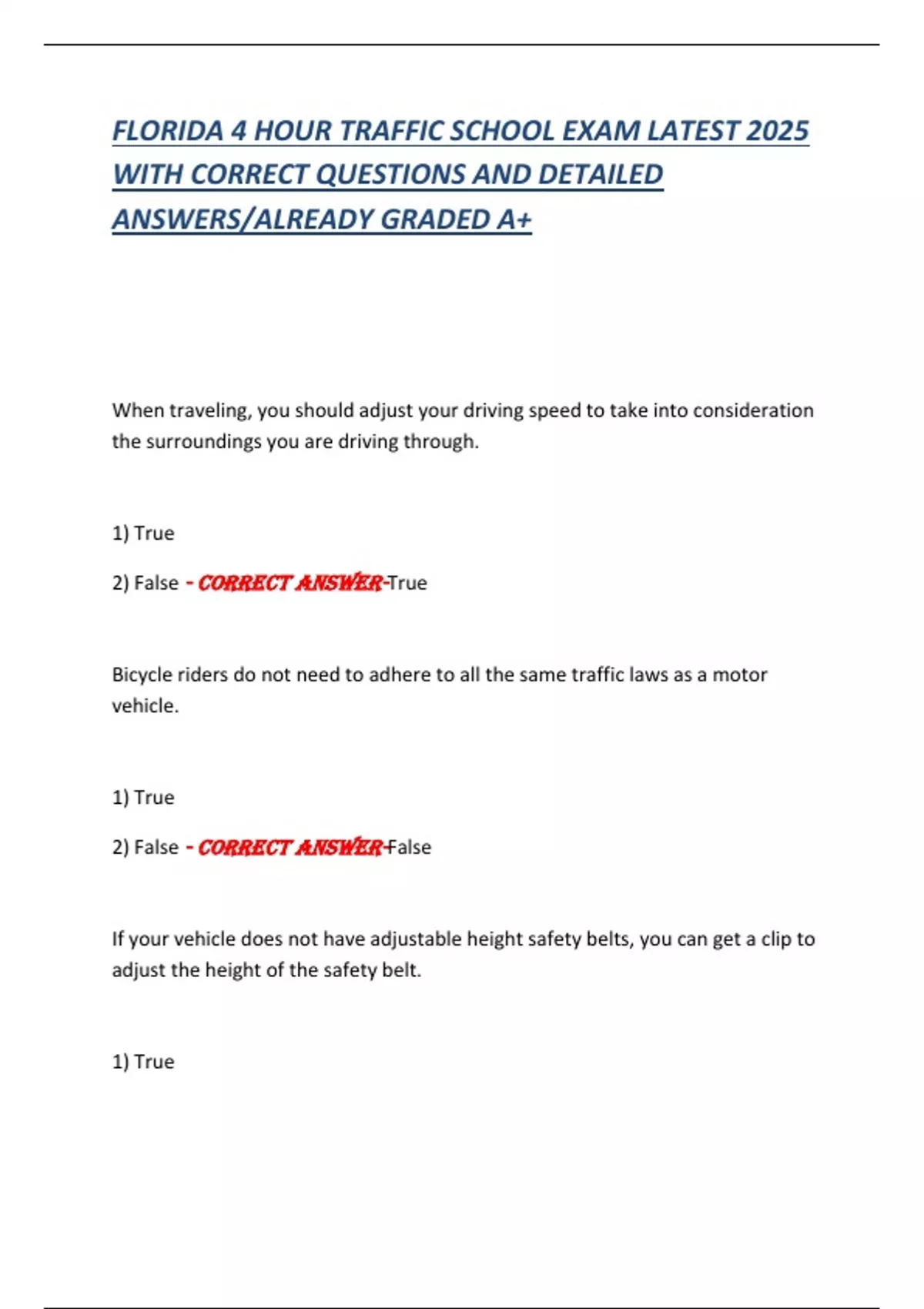 FLORIDA 4 HOUR TRAFFIC SCHOOL EXAM LATEST 2025 WITH CORRECT QUESTIONS ...