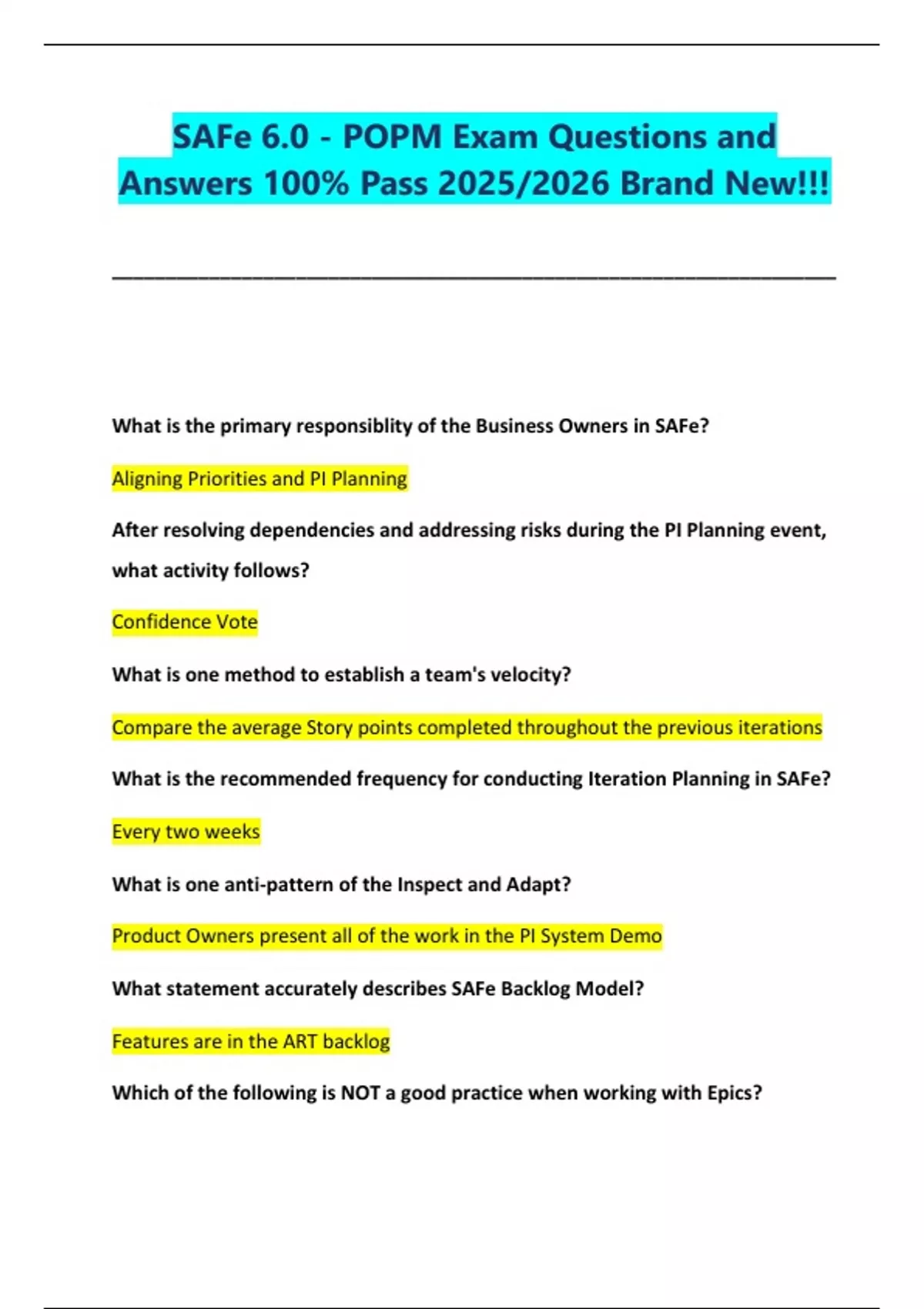SAFe 6.0 - POPM Exam Questions and Answers 100% Pass 2025/2026 Brand ...