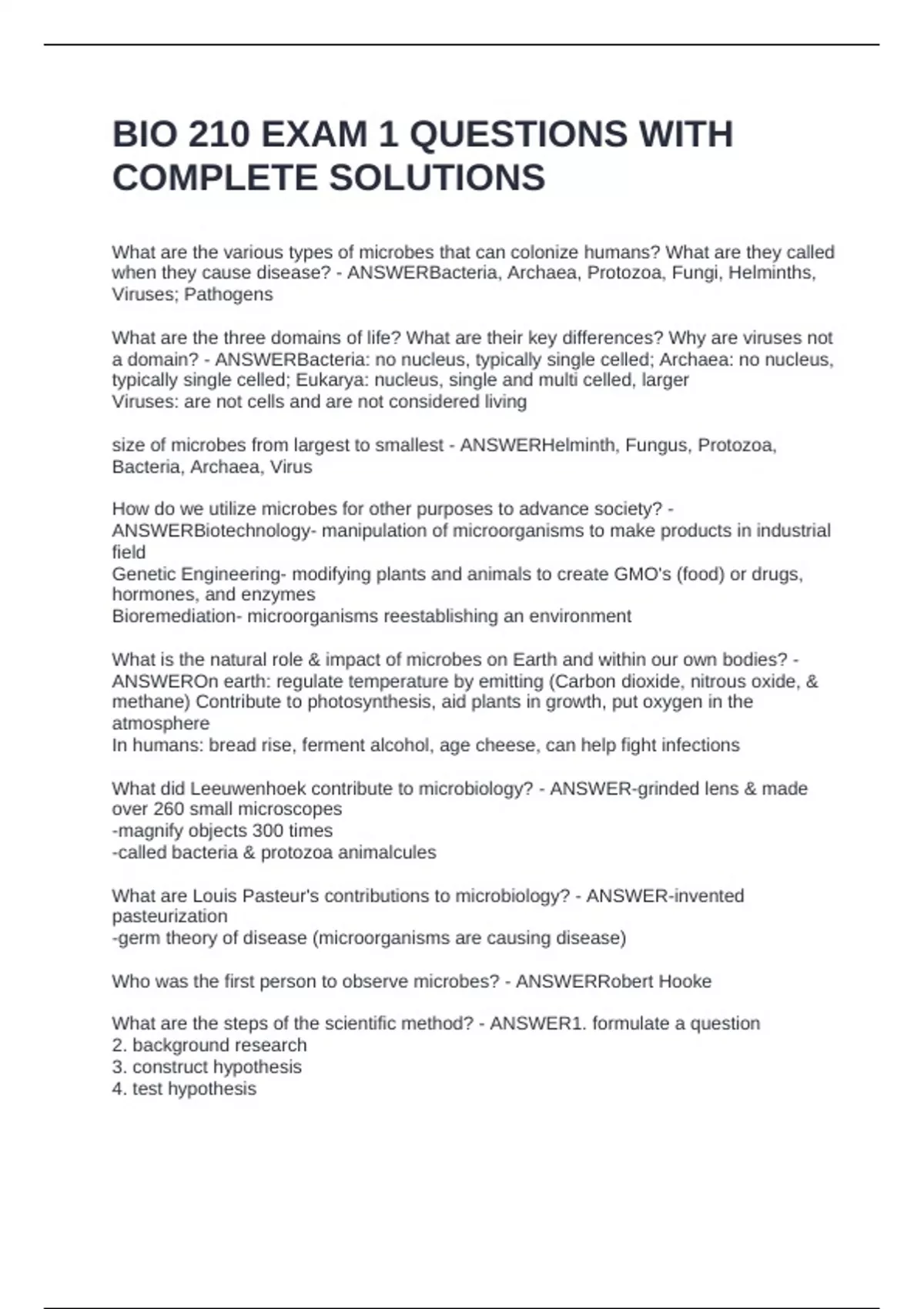 BIO 210 EXAM 1 QUESTIONS WITH COMPLETE SOLUTIONS - BIO 210 - Stuvia US