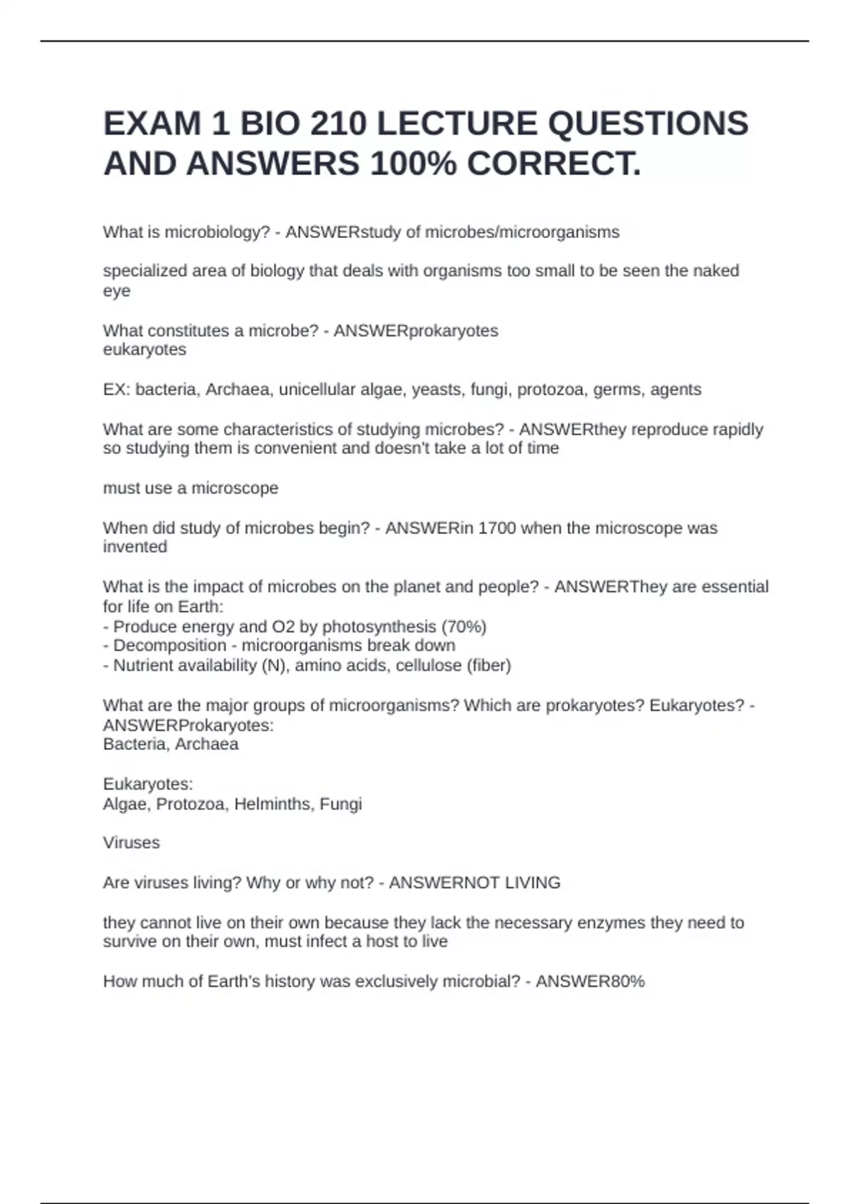 EXAM 1 BIO 210 LECTURE QUESTIONS AND ANSWERS 100% CORRECT. - Bio 210 ...