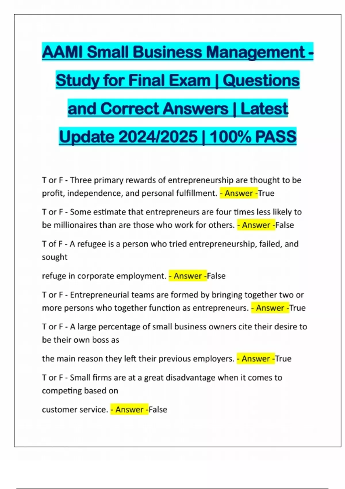 AAMI Small Business Management - Study for Final Exam | Questions and ...