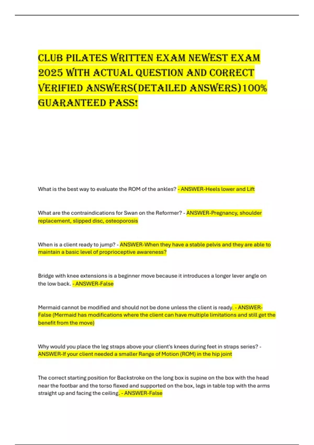 CLUB PILATES WRITTEN EXAM NEWEST EXAM 2025 WITH ACTUAL QUESTION AND ...