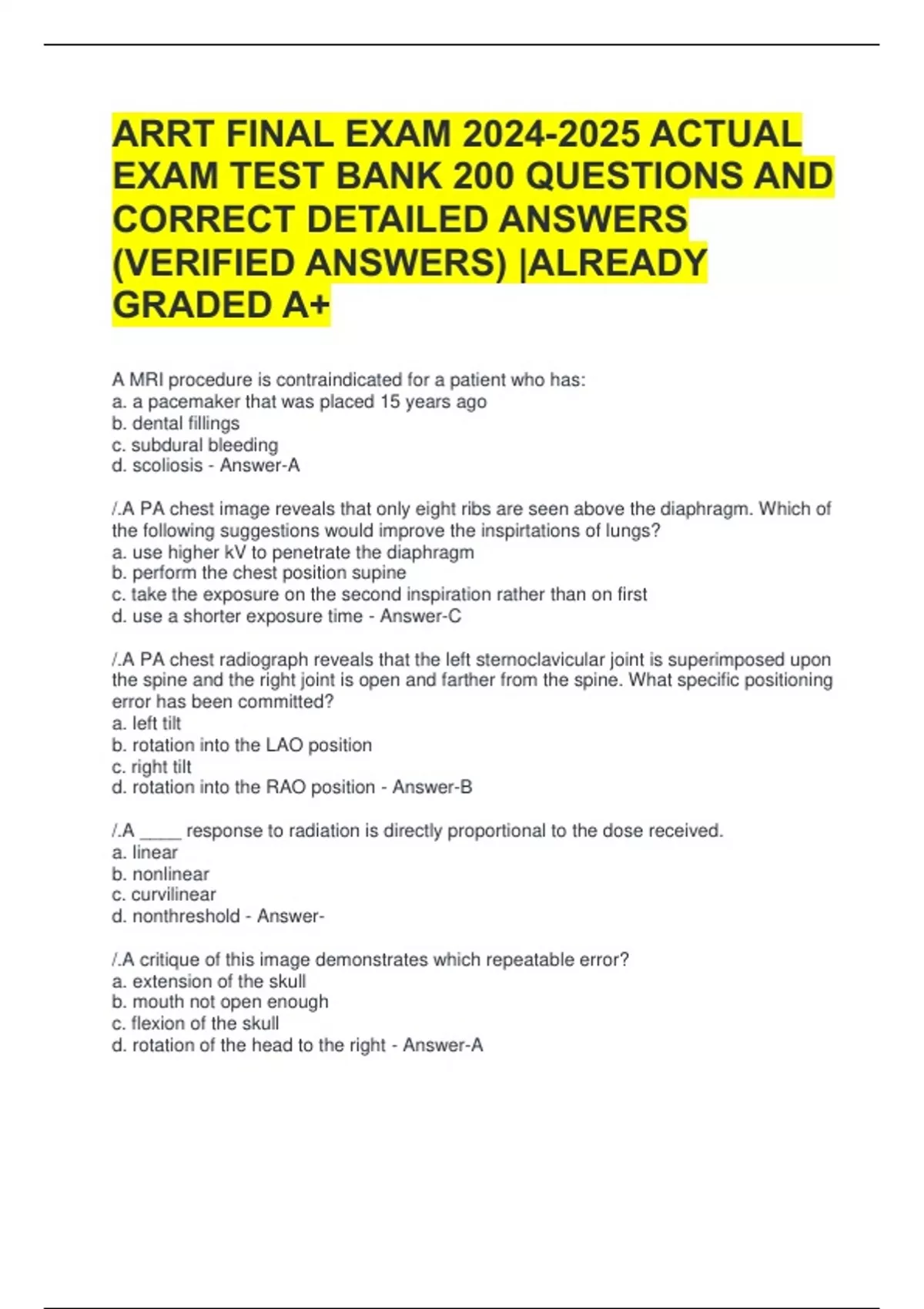 ARRT FINAL EXAM ACTUAL EXAM TEST BANK 200 QUESTIONS AND CORRECT ...