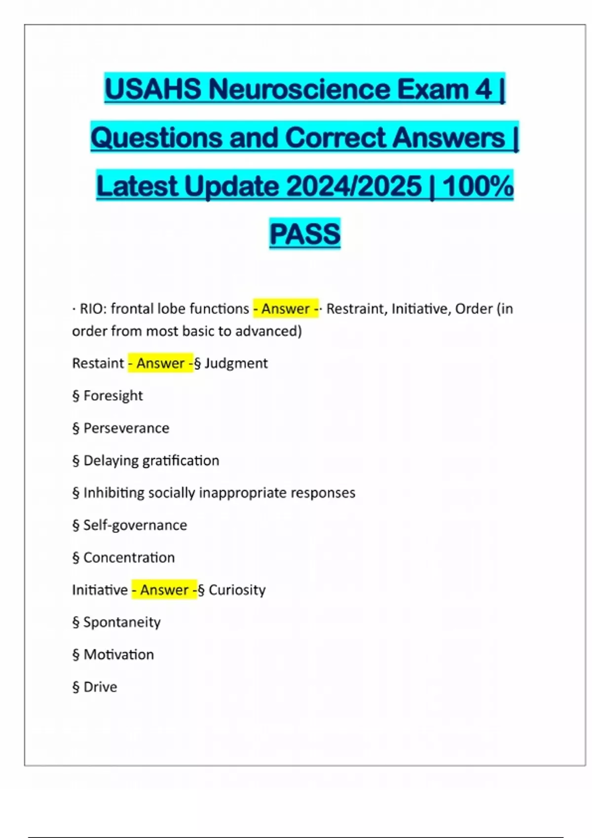 USAHS Neuroscience Exam 4 | Questions and Correct Answers | Latest ...