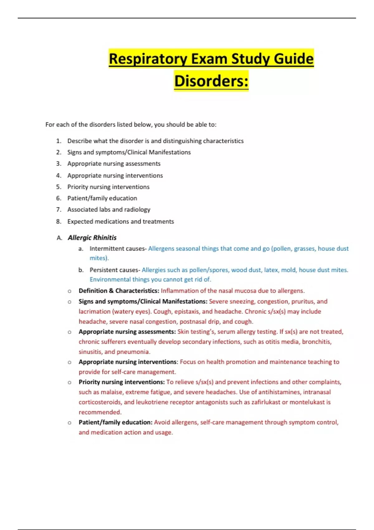 Respiratory Exam Study Guide Disorders verified 2025 - Respiratory ...
