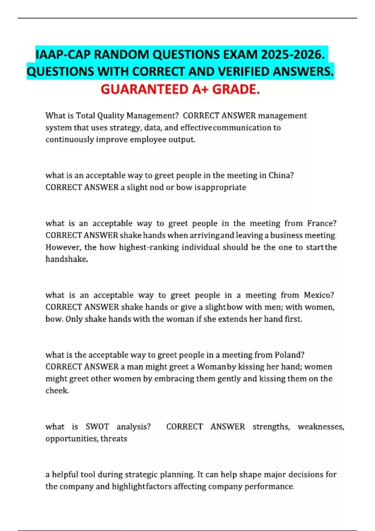 IAAP-CAP RANDOM QUESTIONS EXAM . QUESTIONS WITH CORRECT AND VERIFIED ...