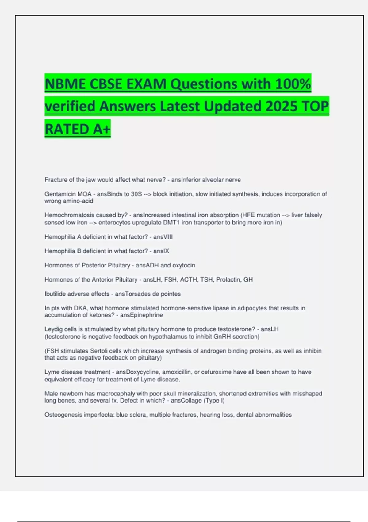 NBME CBSE EXAM Questions with 100- verified Answers Latest Updated 2025 ...