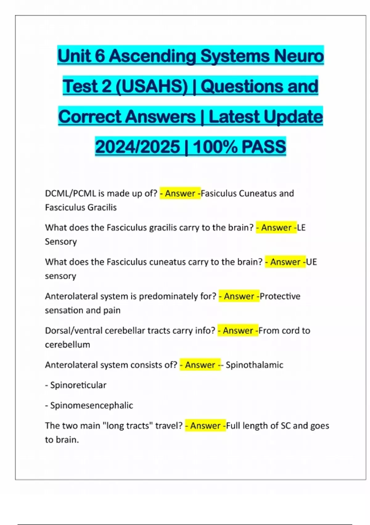 Unit 6 Ascending Systems Neuro Test 2 (USAHS) | Questions and Correct ...