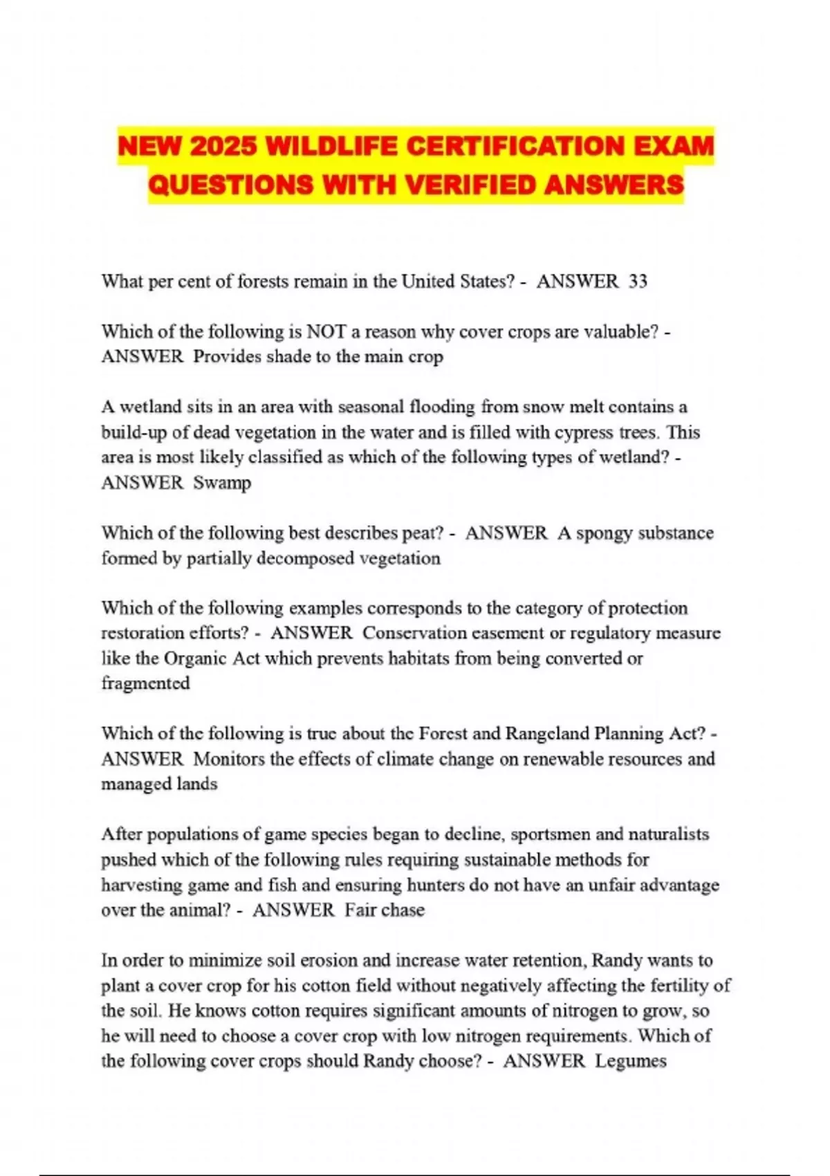 NEW 2025 WILDLIFE CERTIFICATION EXAM QUESTIONS WITH VERIFIED ANSWERS ...