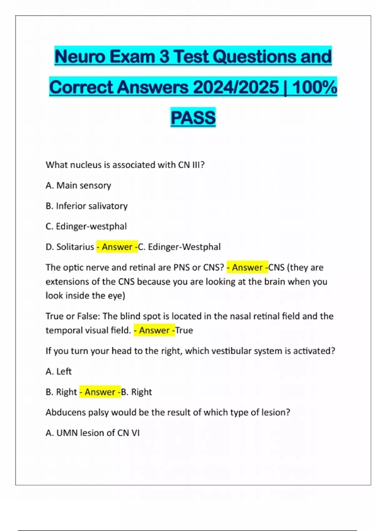 Neuro Exam 3 Test Questions and Correct Answers 2024/2025 | 100% PASS ...