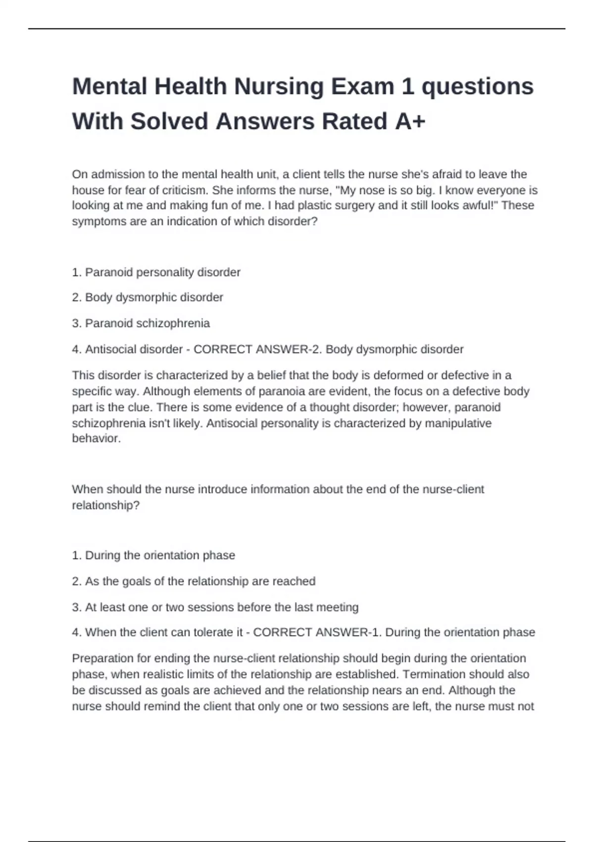 Mental Health Nursing Exam 1 questions With Solved Answers Rated A+ ...